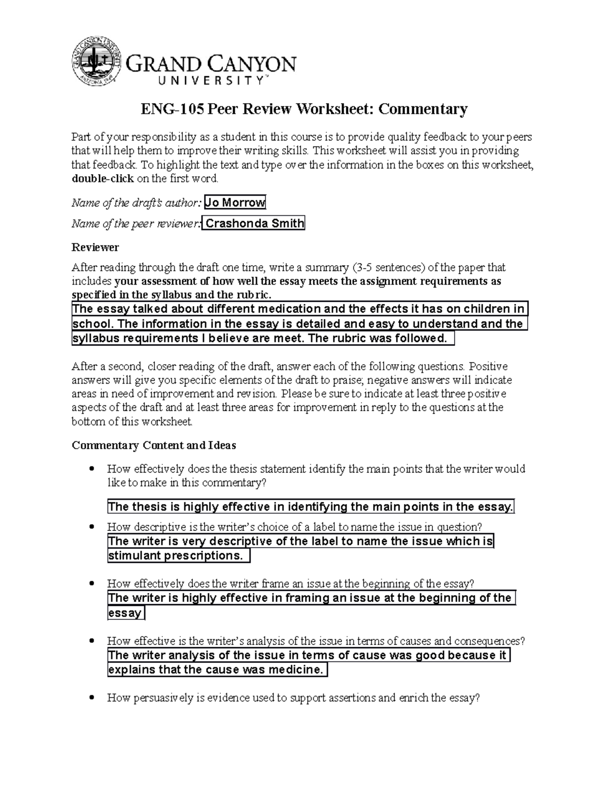 Commentary Peer Review Worksheet Revised-Wk6 - ENG-105 Peer Review ...