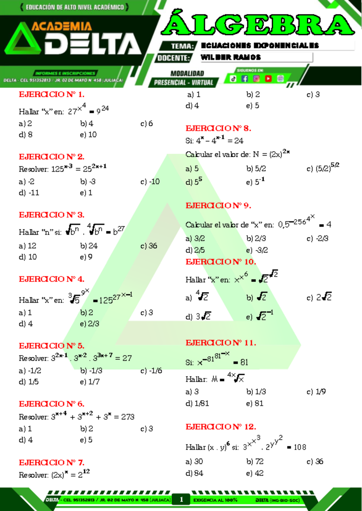 Algebra - 01 Teoria DE Exponentes - ÁLGEBRA Por: WILBER RAMOS 1 ...