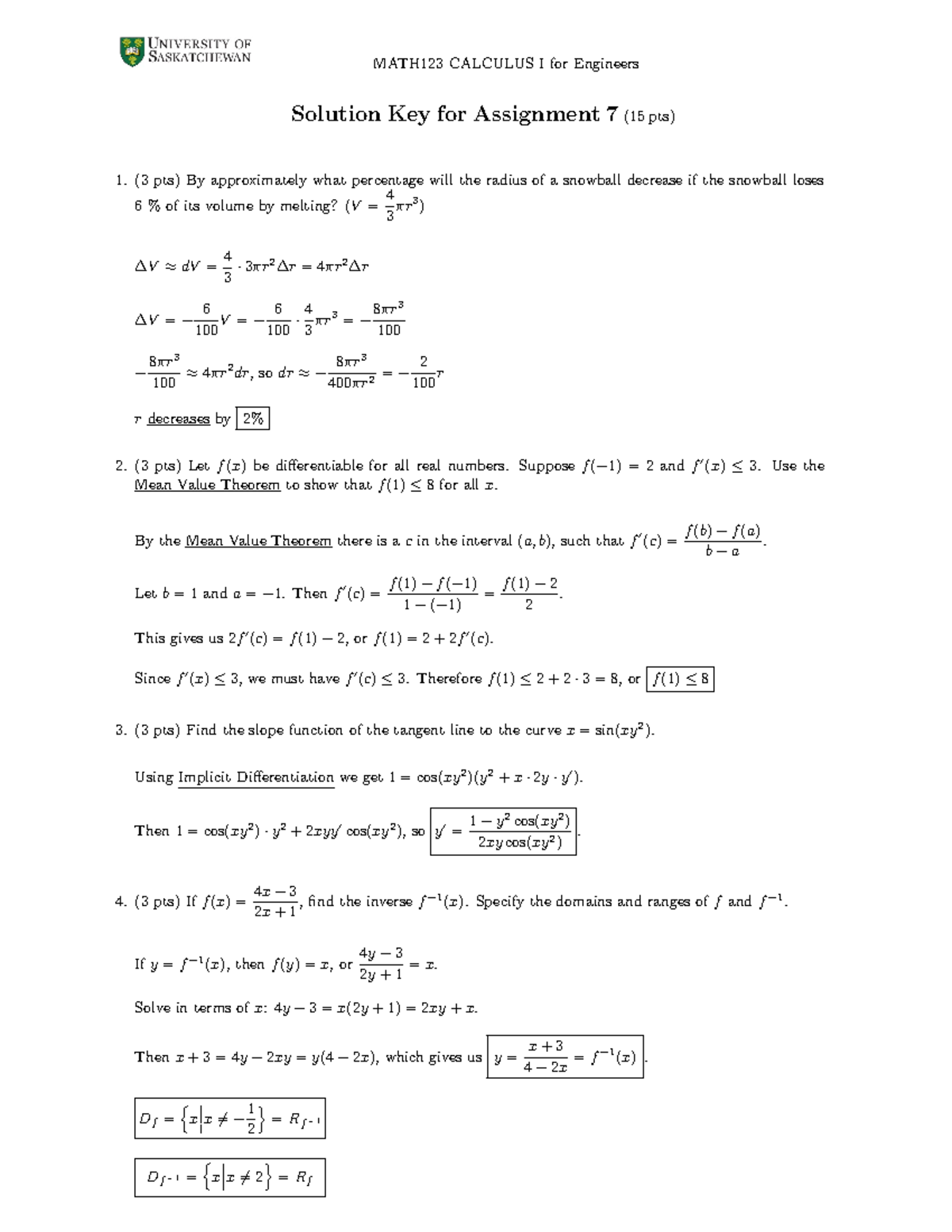 Assign 7-2018-solution - MATH123 CALCULUS I for Engineers Solution Key for Assignment 7 (15 pts ...
