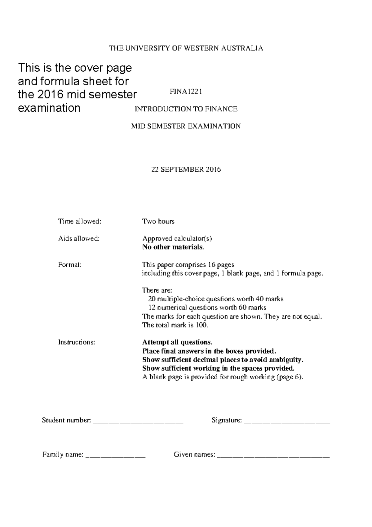 formula sheet - Format: This paper comprises 16 pages including this ...