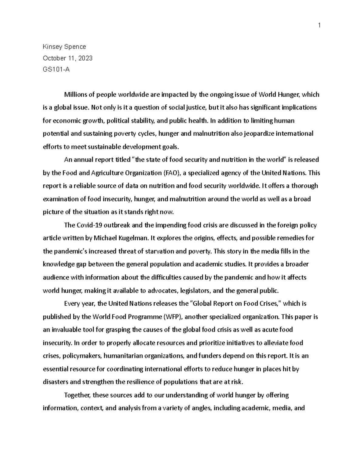 Global Issue Proposal GS101 - 1 Kinsey Spence October 11, 2023 GS101-A ...