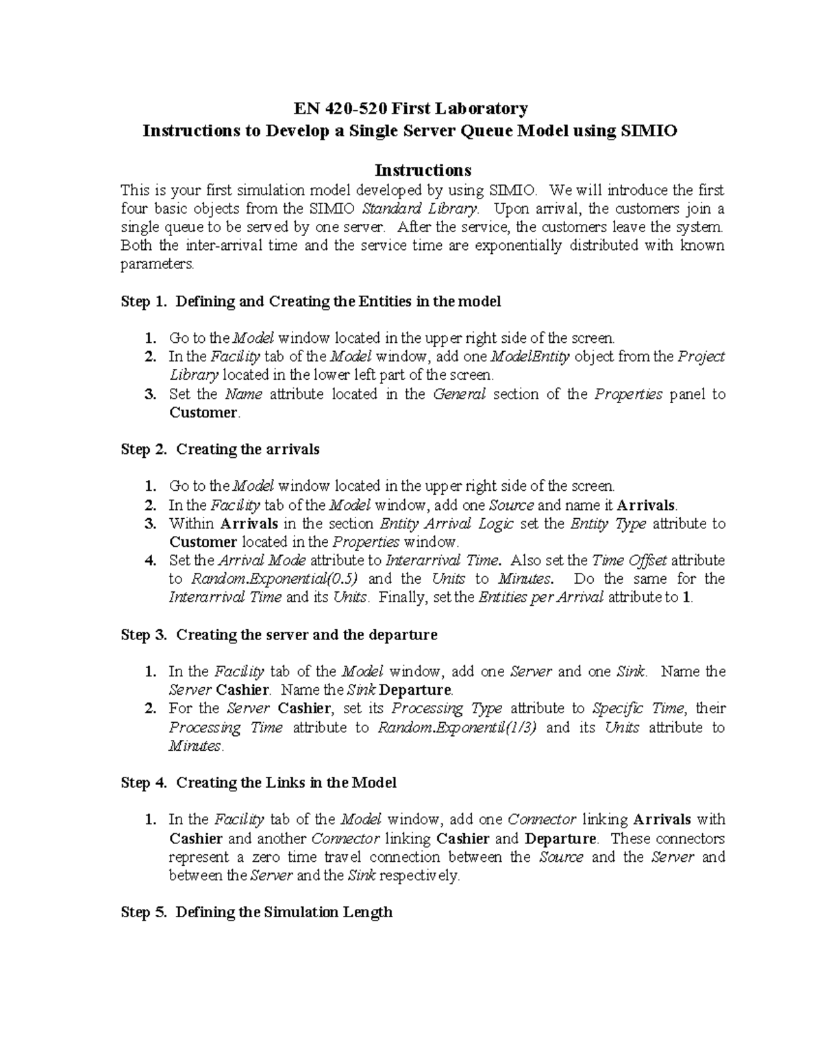 EN420-520 Simio Queue Theory Lab 2 Week 2 Exercise 1 Instructions - EN 420-520 First Laboratory ...