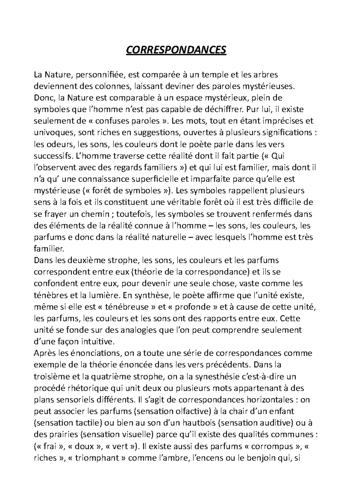 Correspondances Correspondances La Nature Personnifiée Est Comparée