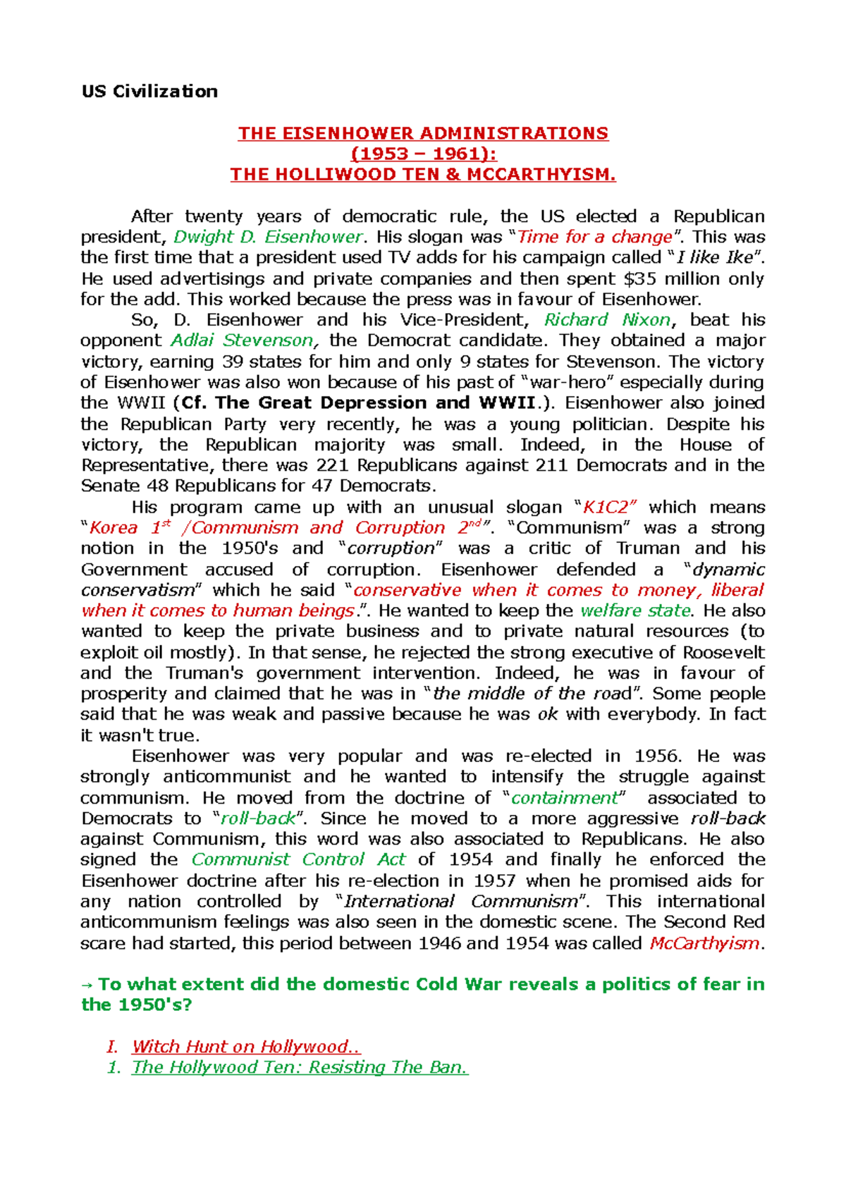 Eisenhower Administration - US Civilization THE EISENHOWER ...