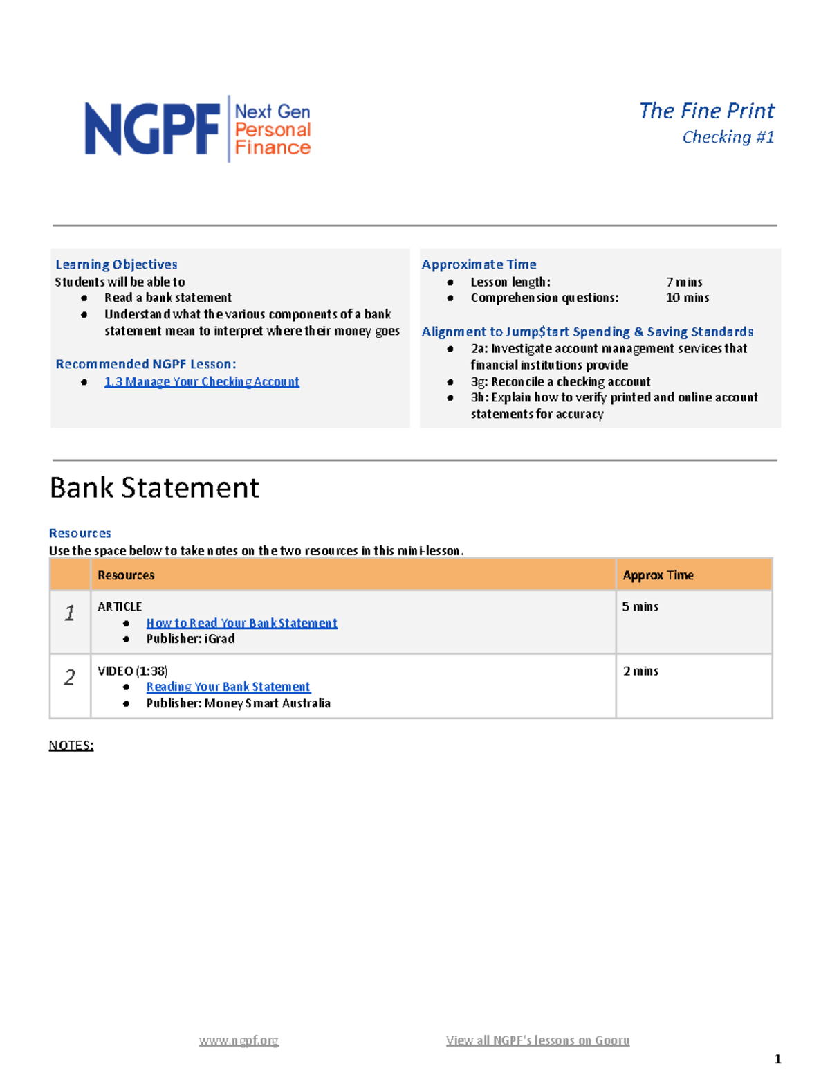 Checking #1- Bank Statement - The Fine Print Checking Learning ...