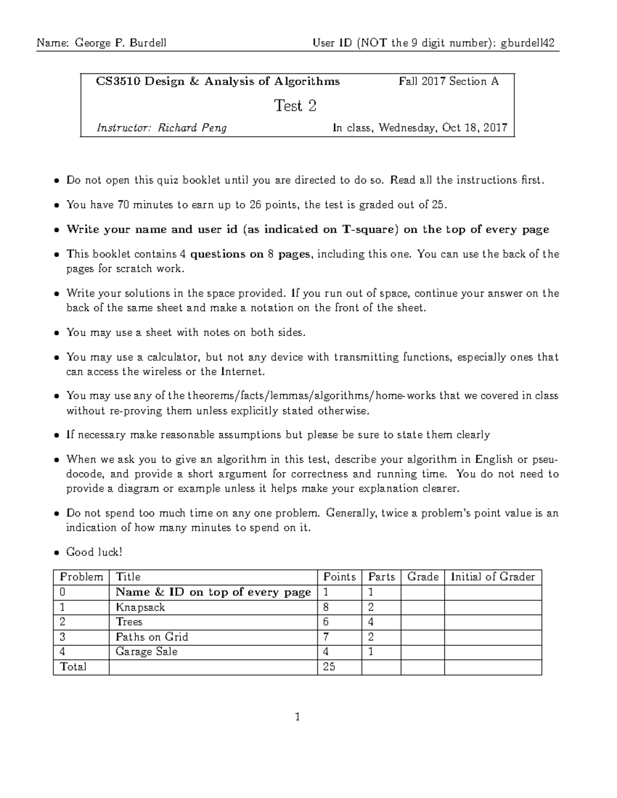 Test 2 Fa17 Soln Practice Tests Cs3510 Design And Analysis Of Algorithms Fall 2017 Section A