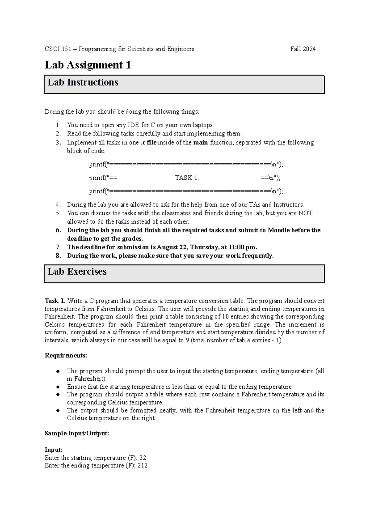 Lab Assignment 1 - CSCI 151 – Programming for Scientists and Engineers Fall 2024 Lab Assignment ...