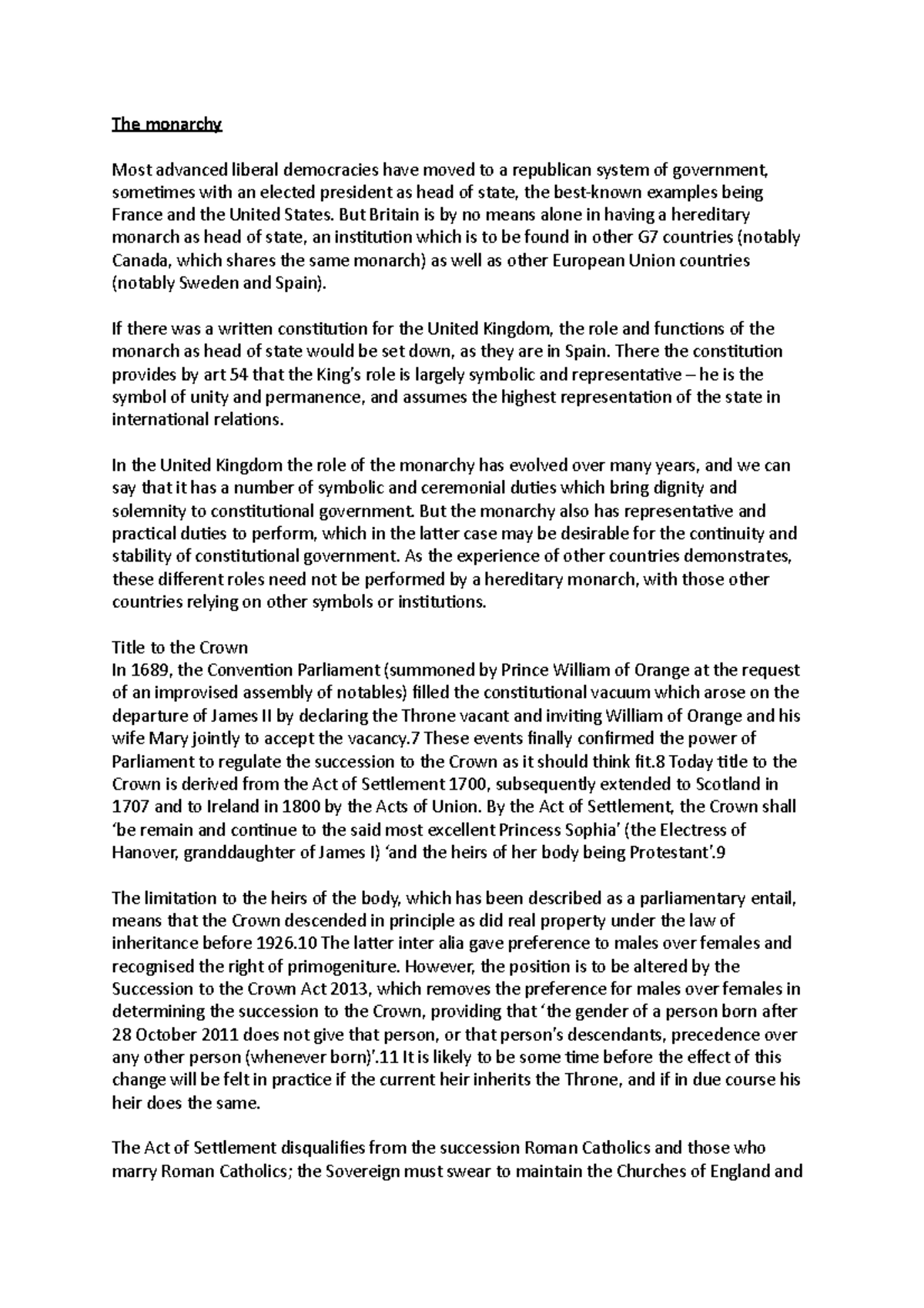 The monarchy - Lecture notes 1 - The monarchy Most advanced liberal ...