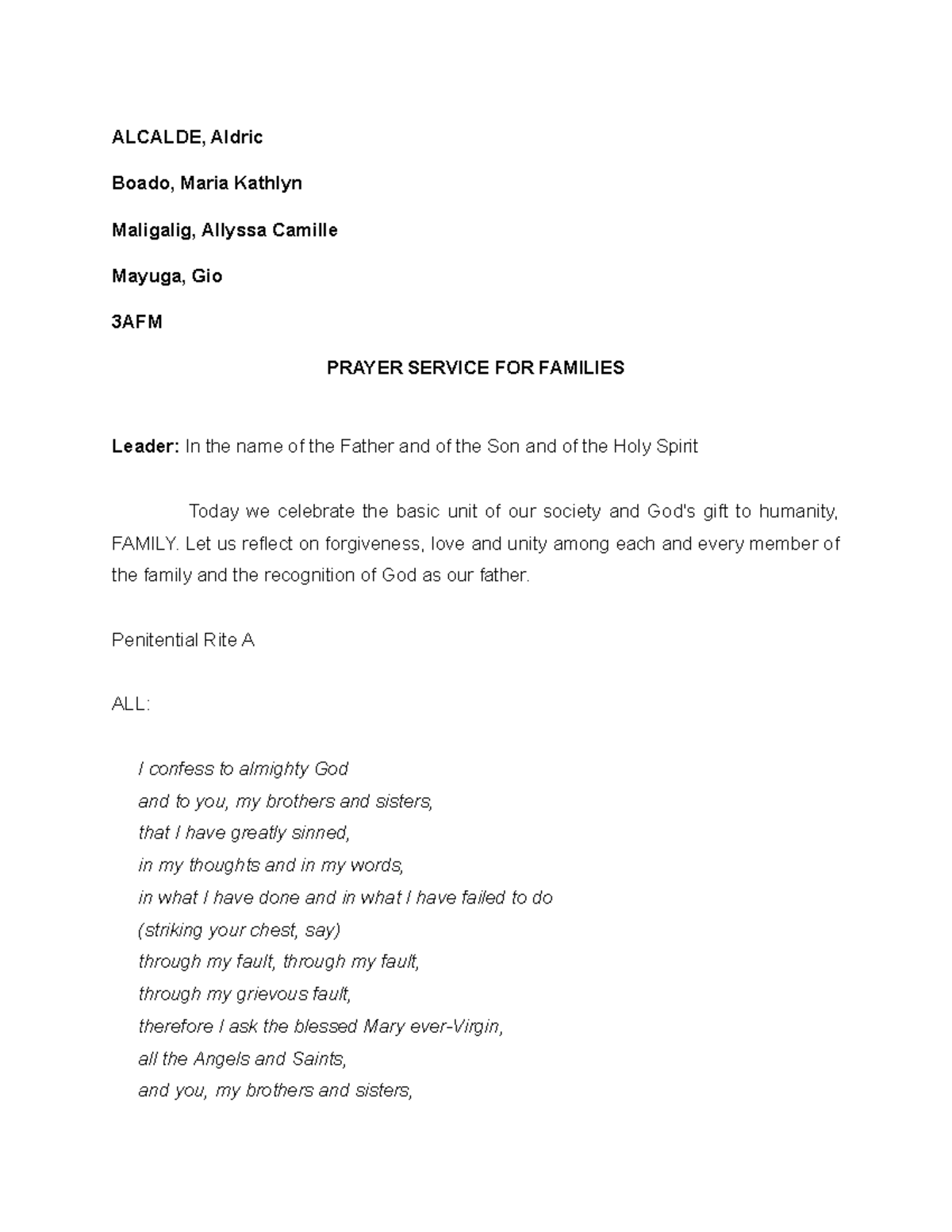 Prayer Service- Healing and Reconciliation in the Family - ALCALDE ...