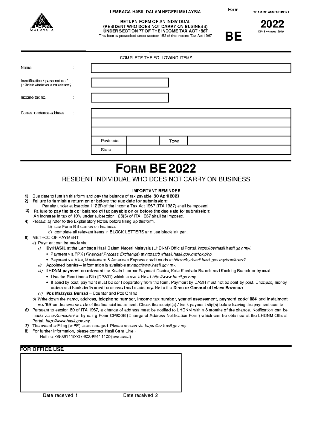 Format of Form BE2022 - LEMBAGA HASIL DALAM NEGERI MALAYSIA Form YEAR ...