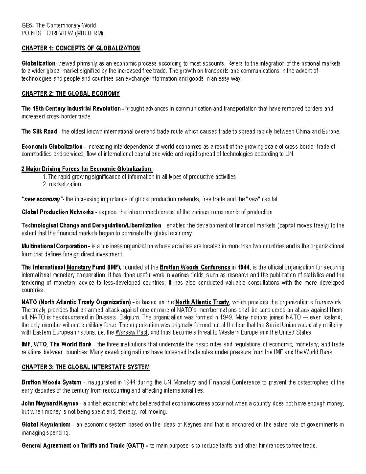 GE5 Reviewer Midterm NEW - GE5- The Contemporary World POINTS TO REVIEW ...