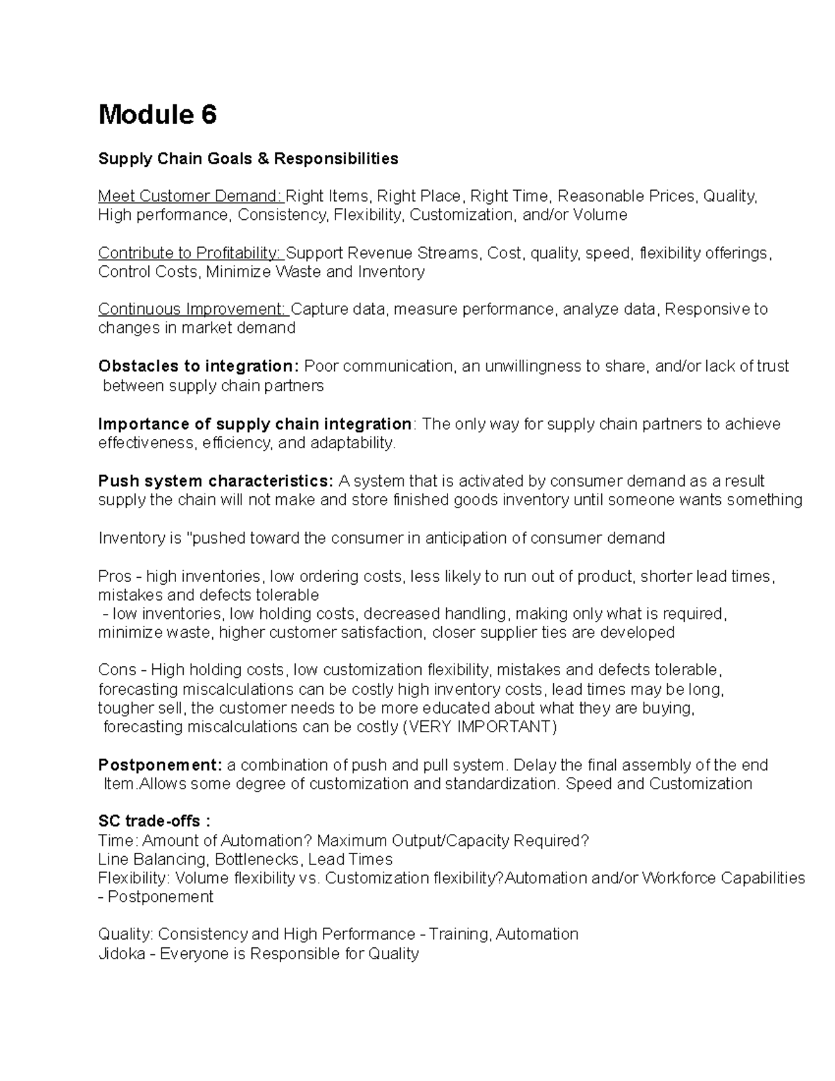 SCM 300 Module 6 - study guide for 6 - Module 6 Supply Chain Goals ...