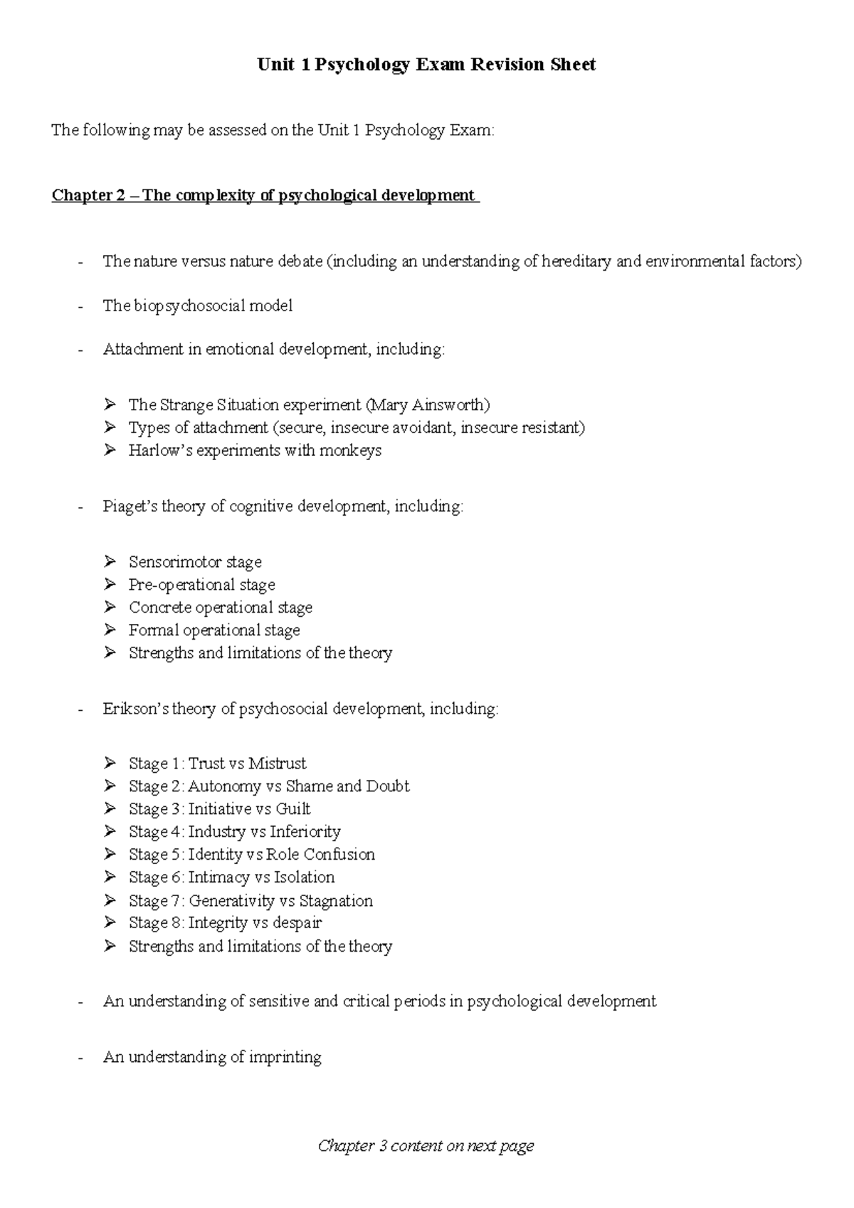 Unit 1 Psychology Exam Revision Sheet 2024 - Unit 1 Psychology Exam ...