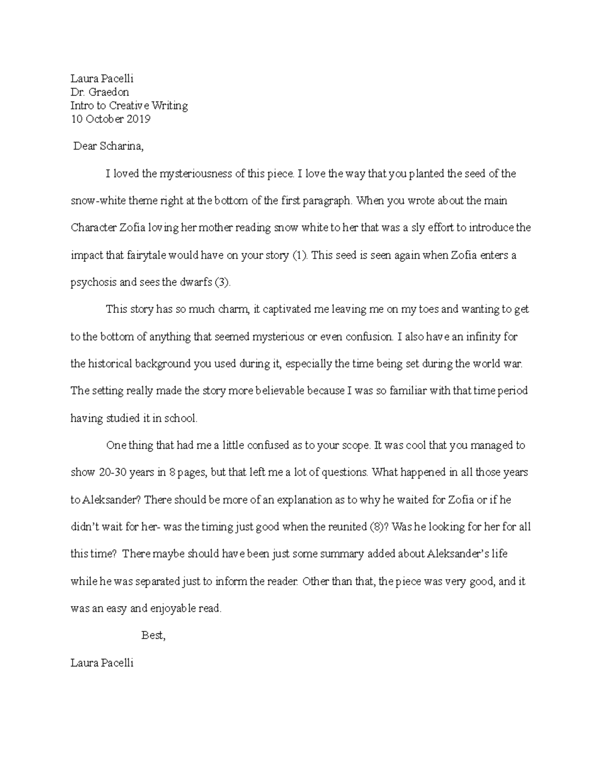 5 Workshop Letters - My critics on my classmates writing. - Laura ...