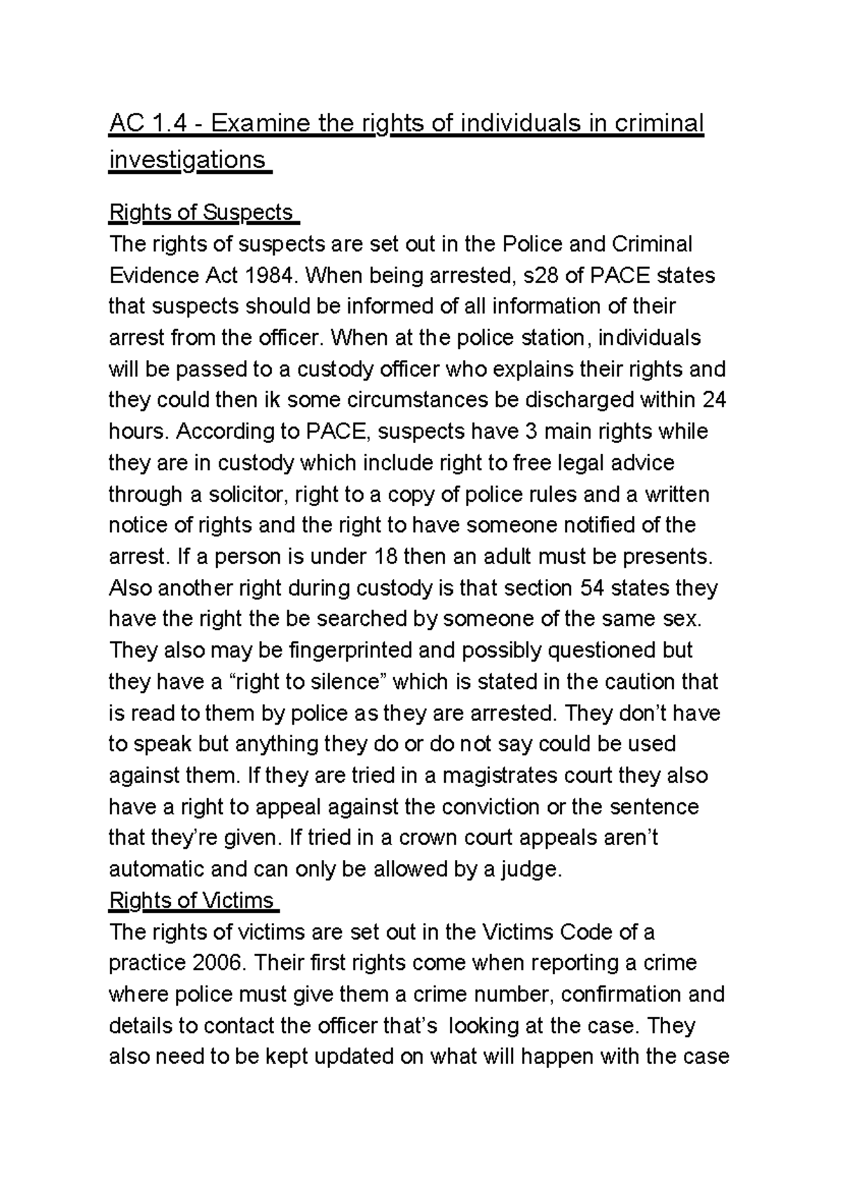 Unit 3 AC 1.4 - Examine the rights of individuals in criminal ...
