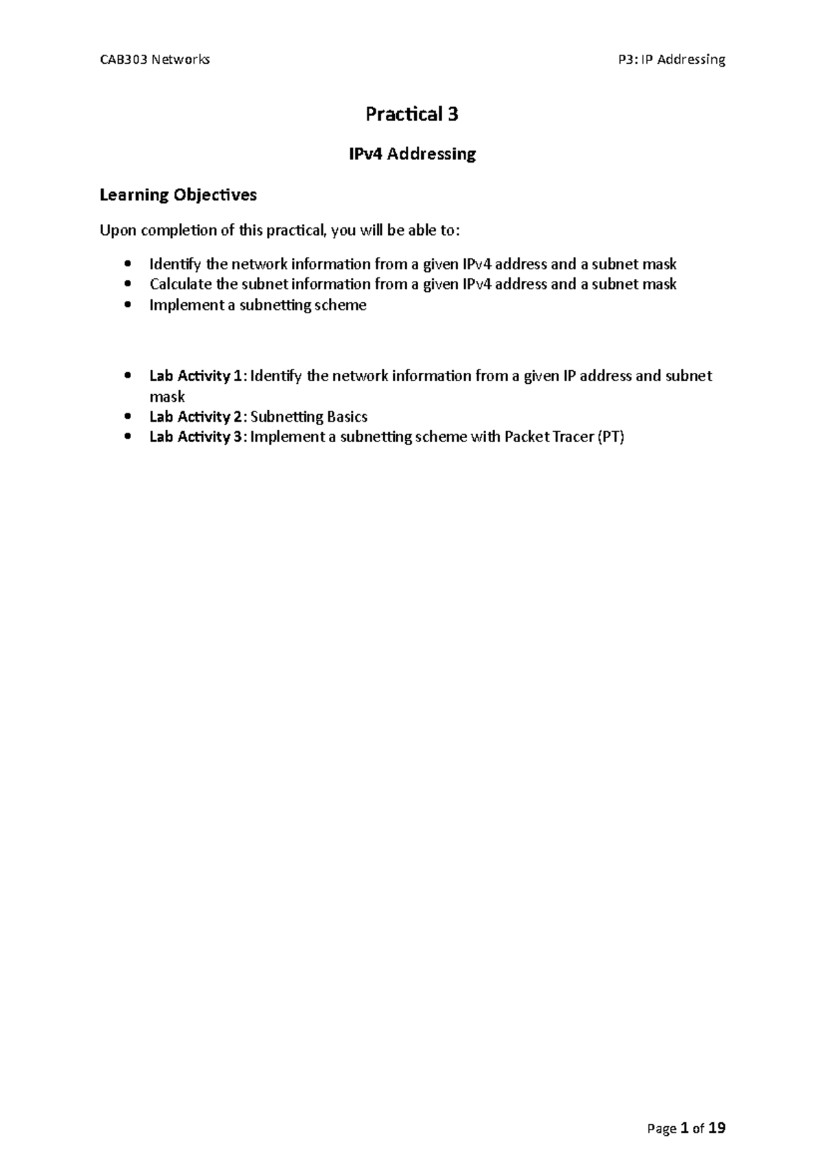 CAB303 Prac3 IPv4 Addressing Solutions v1 - Practical 3 IPv4 Addressing ...