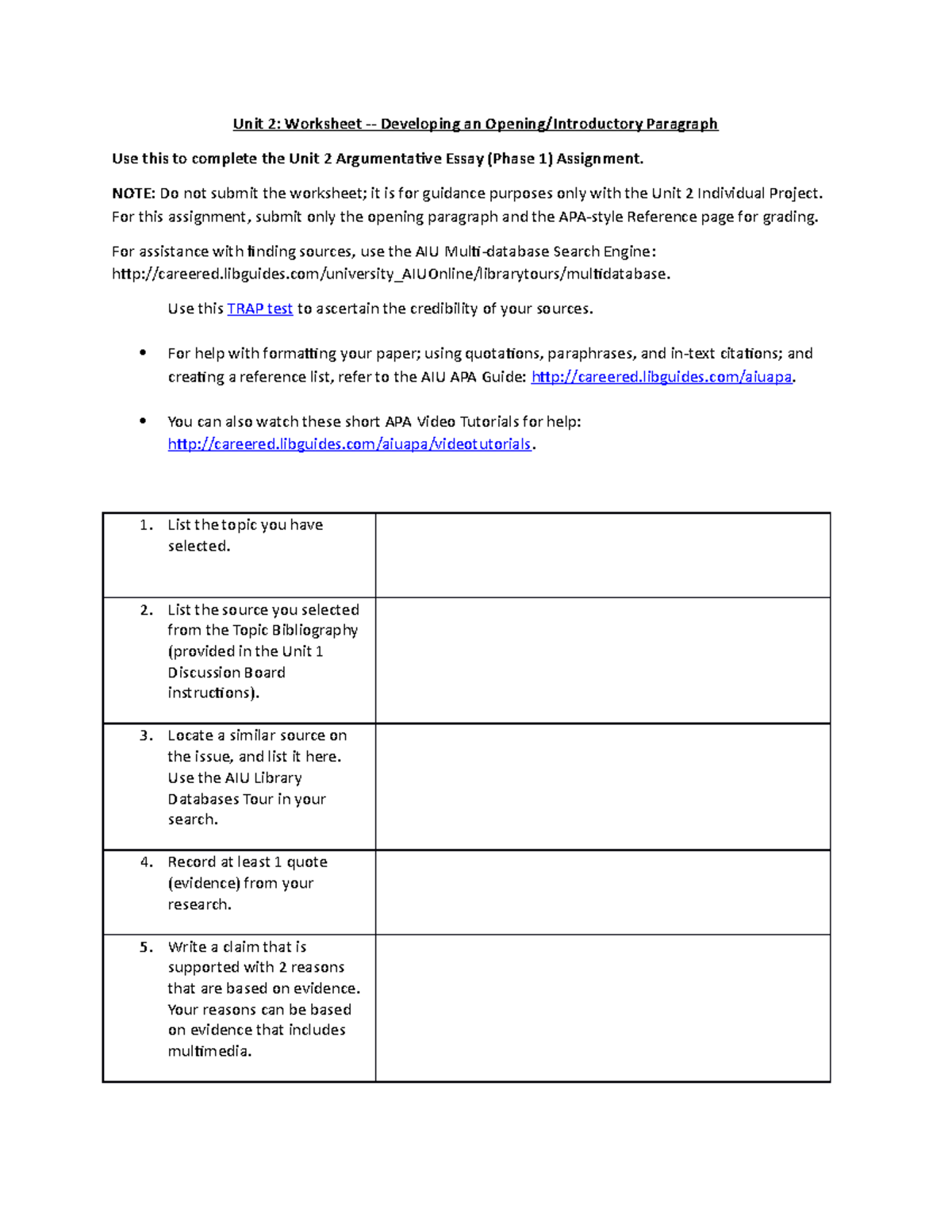 ENGL107 U2 10 wk Worksheet 2005 C - Unit 2: Worksheet - Developing an ...