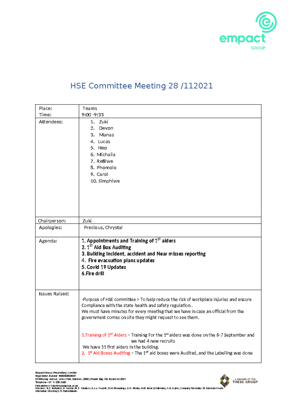 HSE Committe Meeting 28 - 11 -2021 - HSE Committee Meeting 28 / Place ...