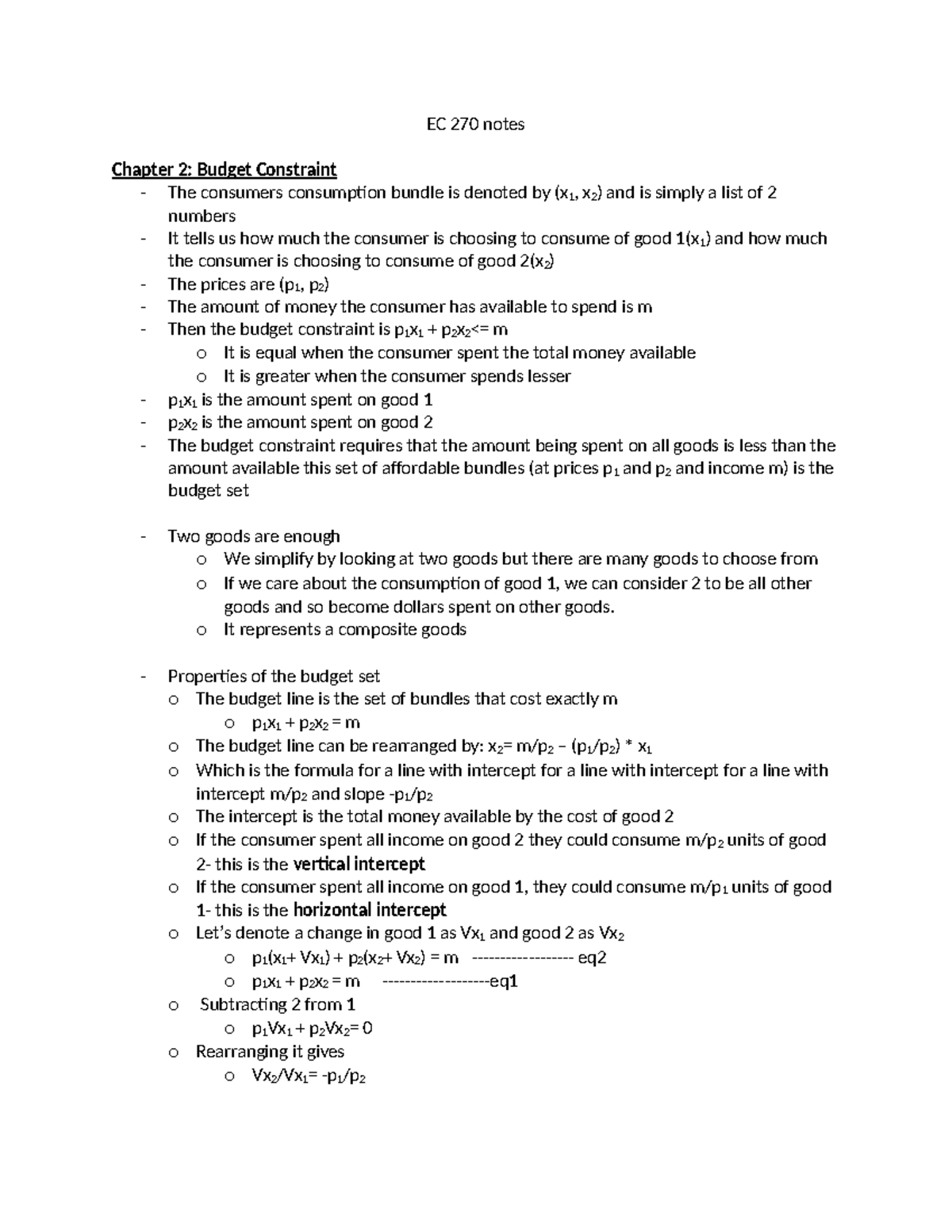 EC 270 lecture notes - EC 270 notes Chapter 2: Budget Constraint The ...