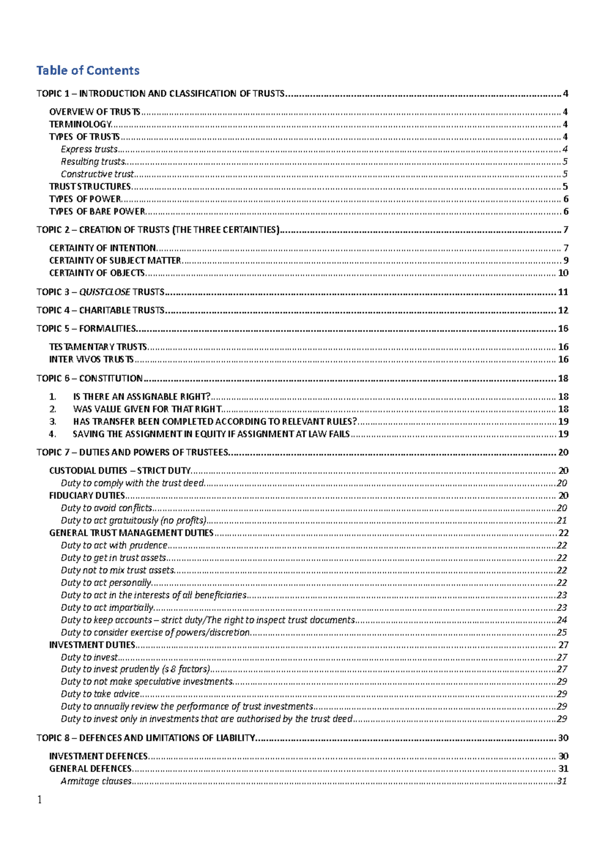 Trusts Exam Notes - Table of Contents TOPIC 1 – INTRODUCTION AND ...