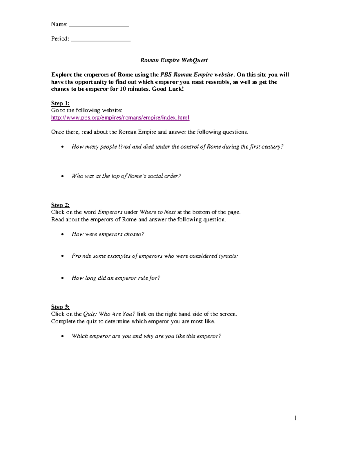 Roman Empire Web Quest Updated 09112015 - Name ...