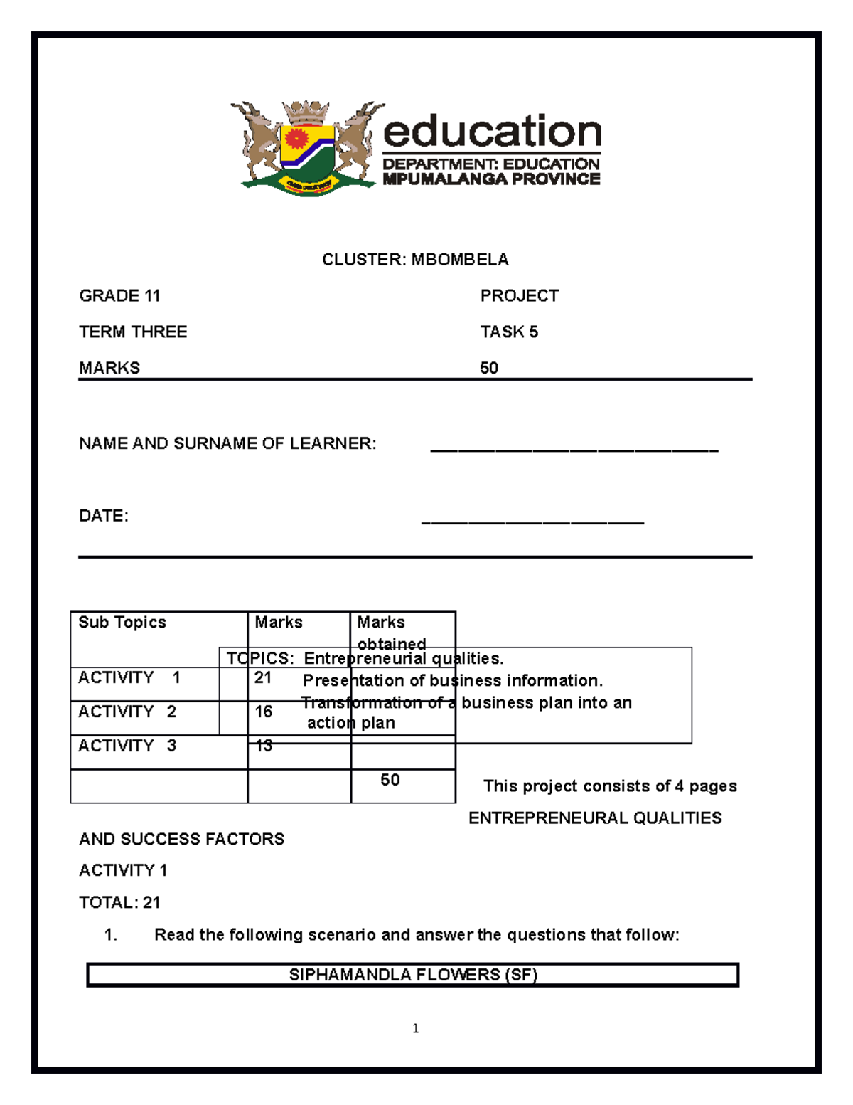 TERM 3 Grade 11 Project Final - CLUSTER: MBOMBELA GRADE 11 PROJECT TERM ...
