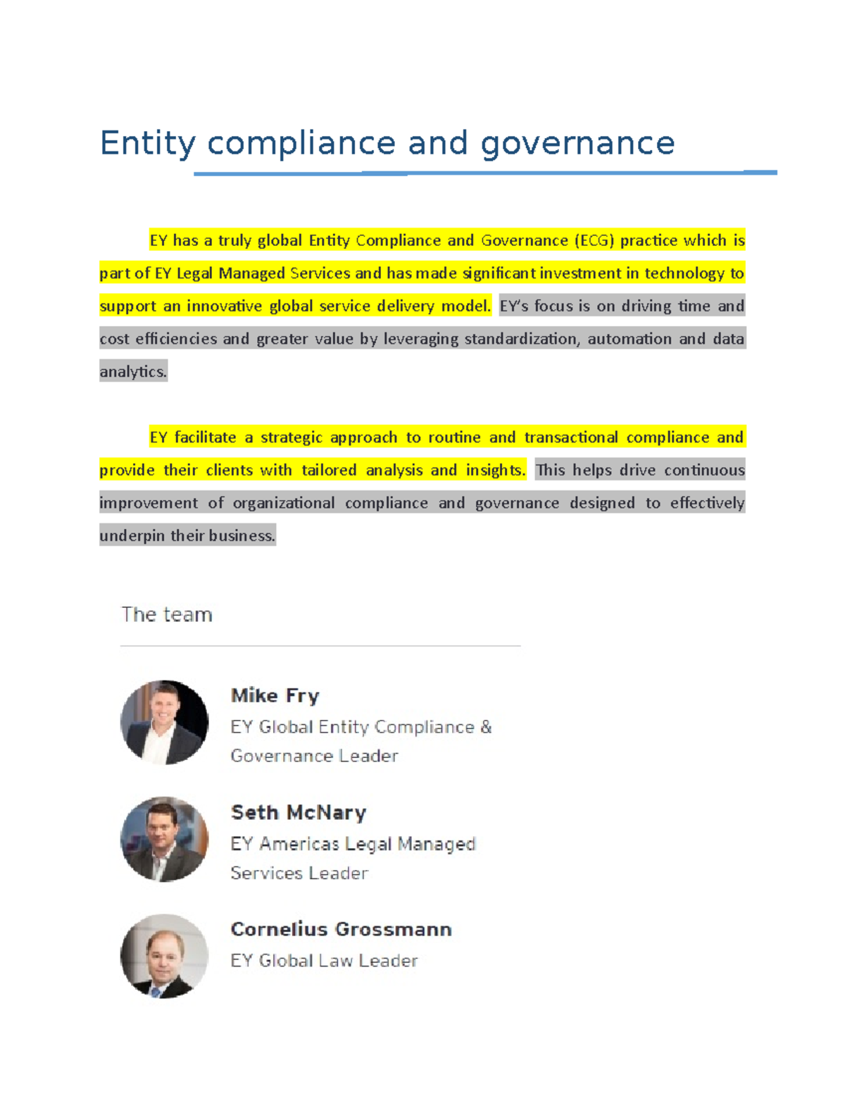 Ernst and Young Corporate Governance - Entity compliance and governance ...