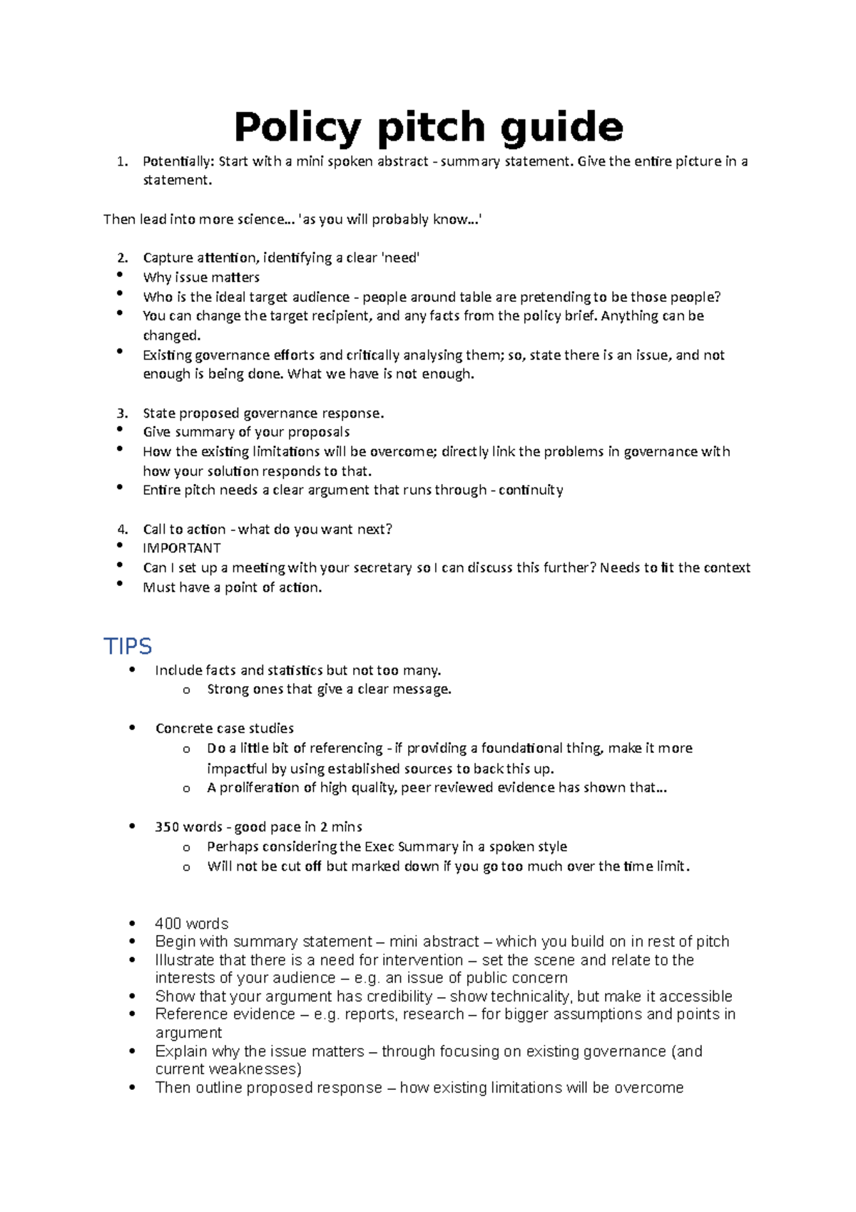 Policy pitch worshop notes - Policy pitch guide Potentially: Start with ...