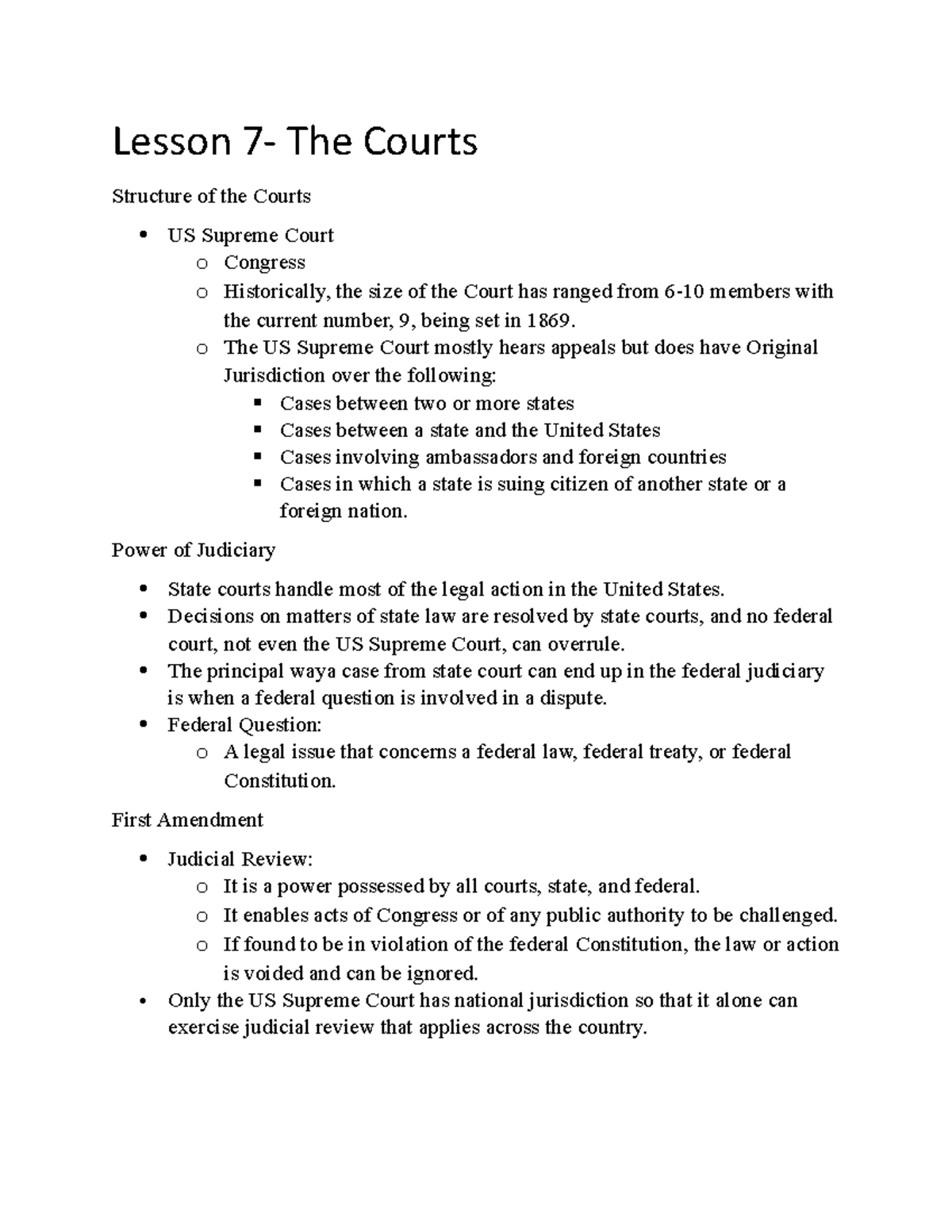 Lesson 7- The Courts Notes - Lesson 7- The Courts Structure of the ...
