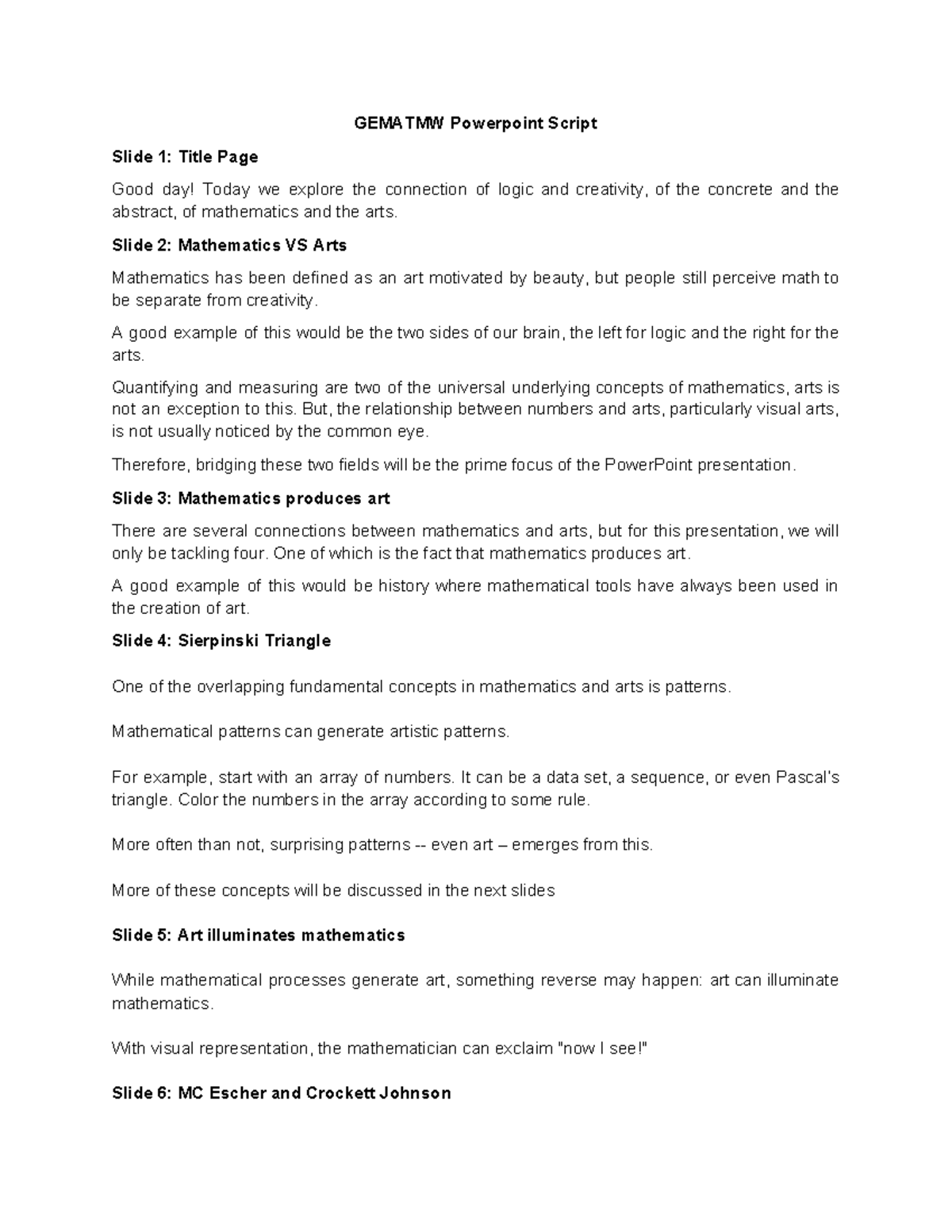 Pdfcoffee - GEMATMW Powerpoint Script Slide 1: Title Page Good day ...