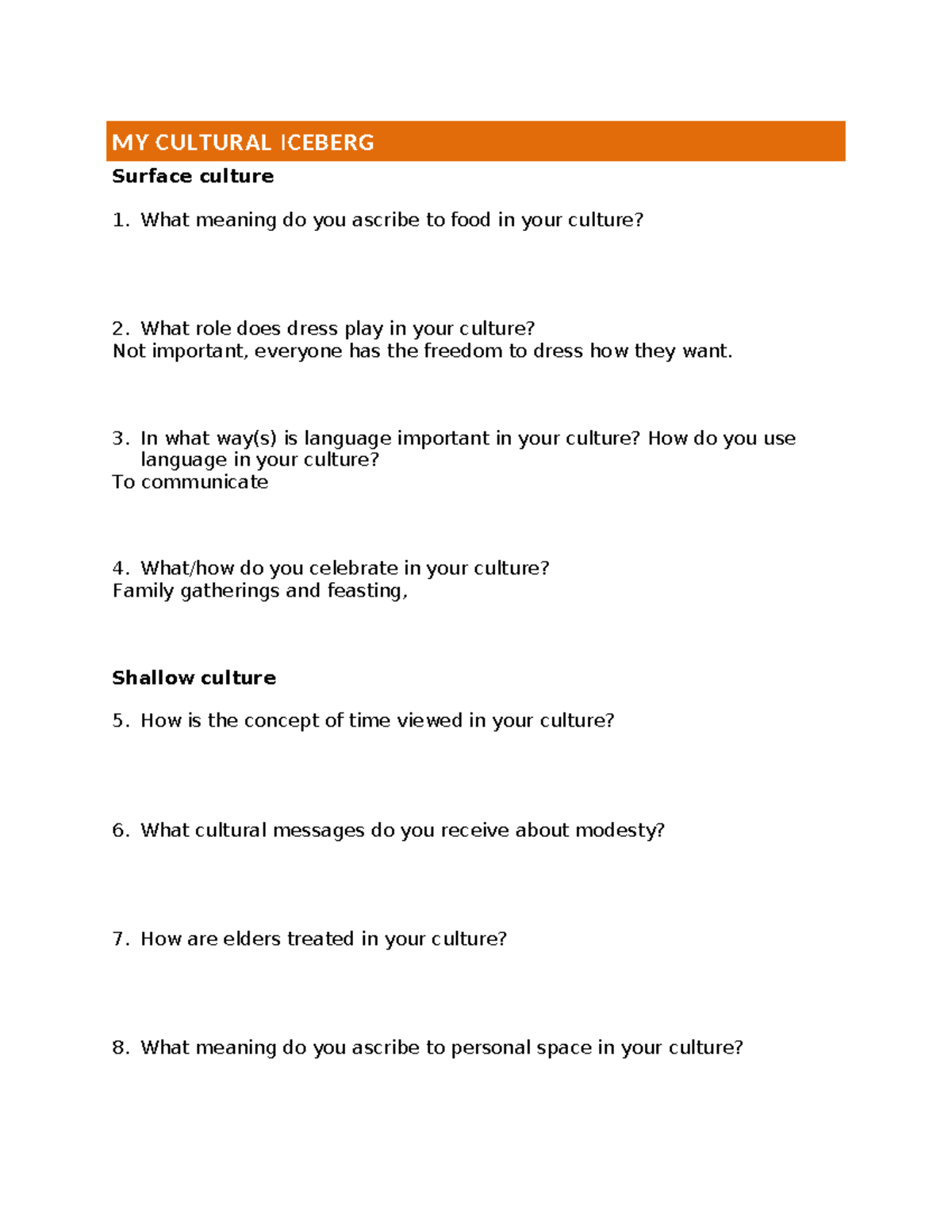 Cultural Identity worksheet Canvas - MY CULTURAL ICEBERG Surface ...