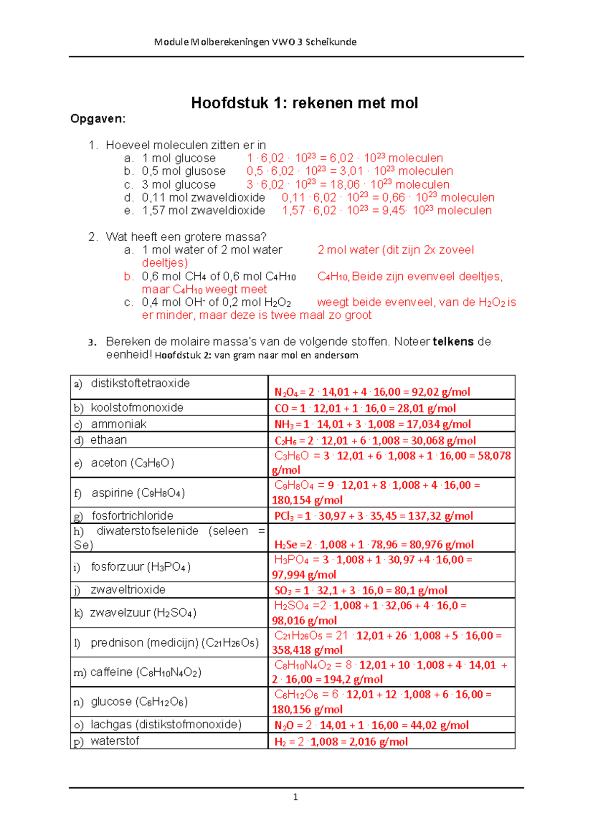 Antwoorden molboekje klas 3 - Hoofdstuk 1: rekenen met mol Opgaven: 1 ...