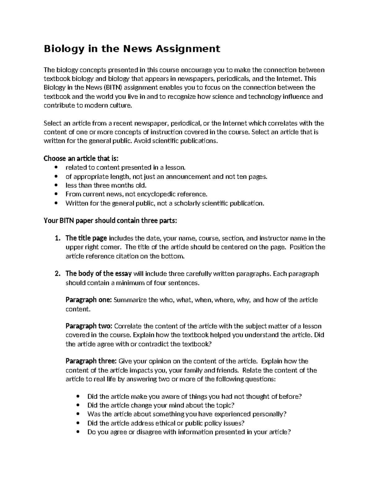 BITN Assignment - BIRN - Biology in the News Assignment The biology ...