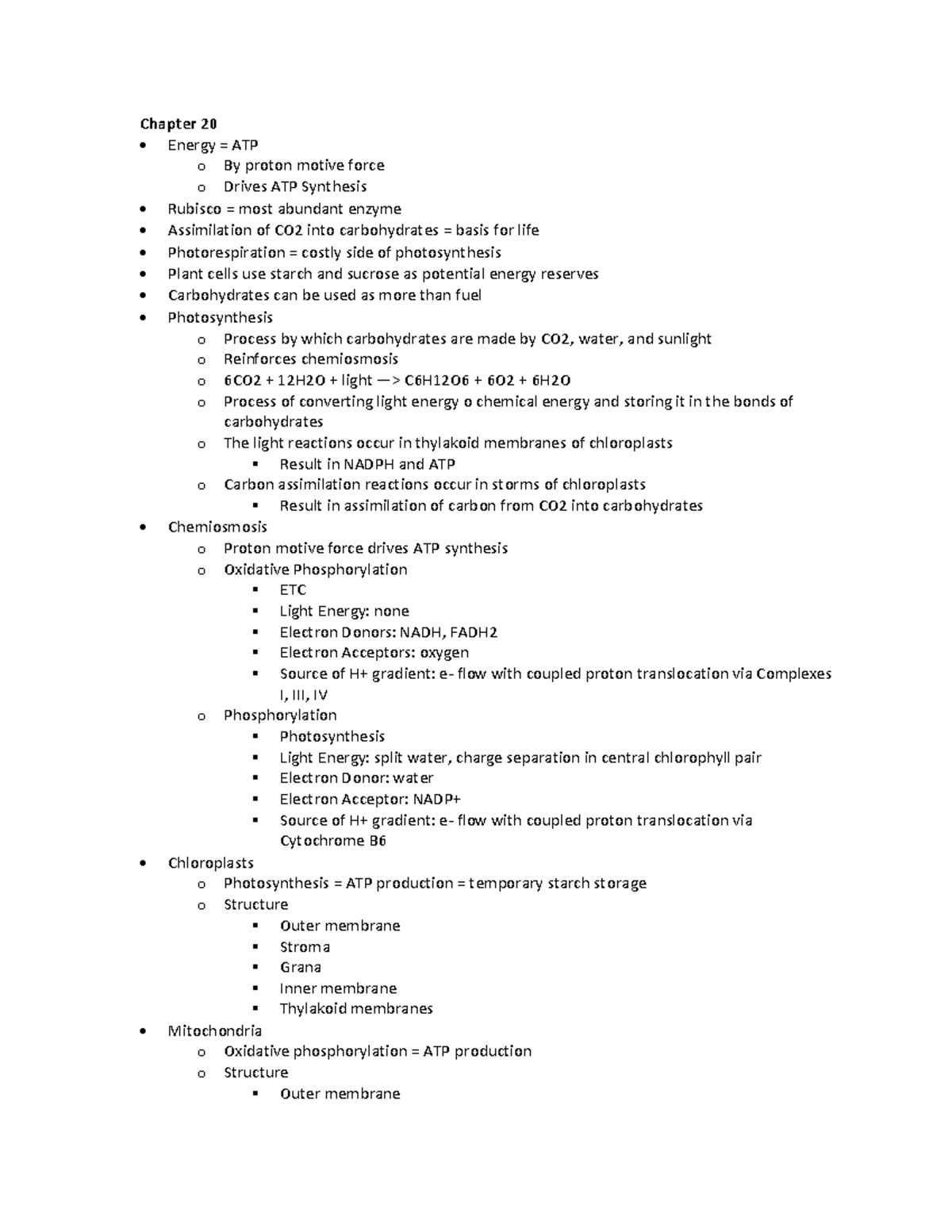Biochemistry II Exam #1 Study Guide - Chapter 20 Energy = ATP o By proton motive force o Drives ...