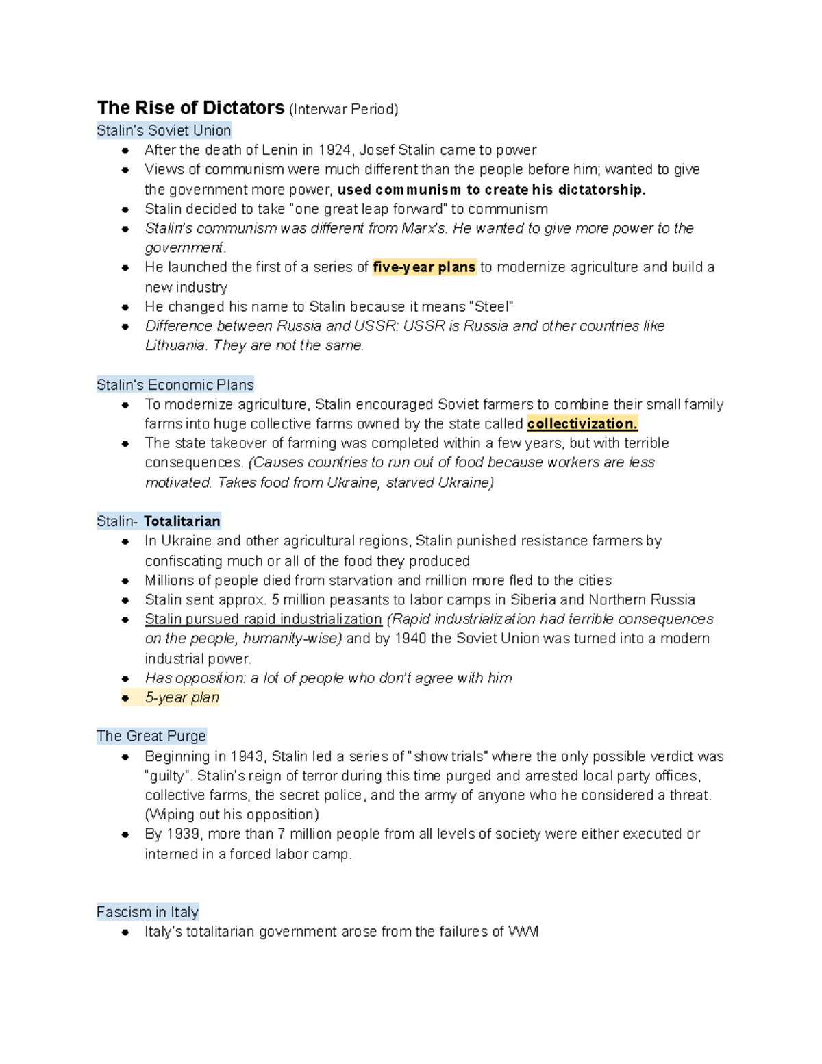 WWII Notes - The Rise of Dictators (Interwar Period) Stalin’s Soviet ...