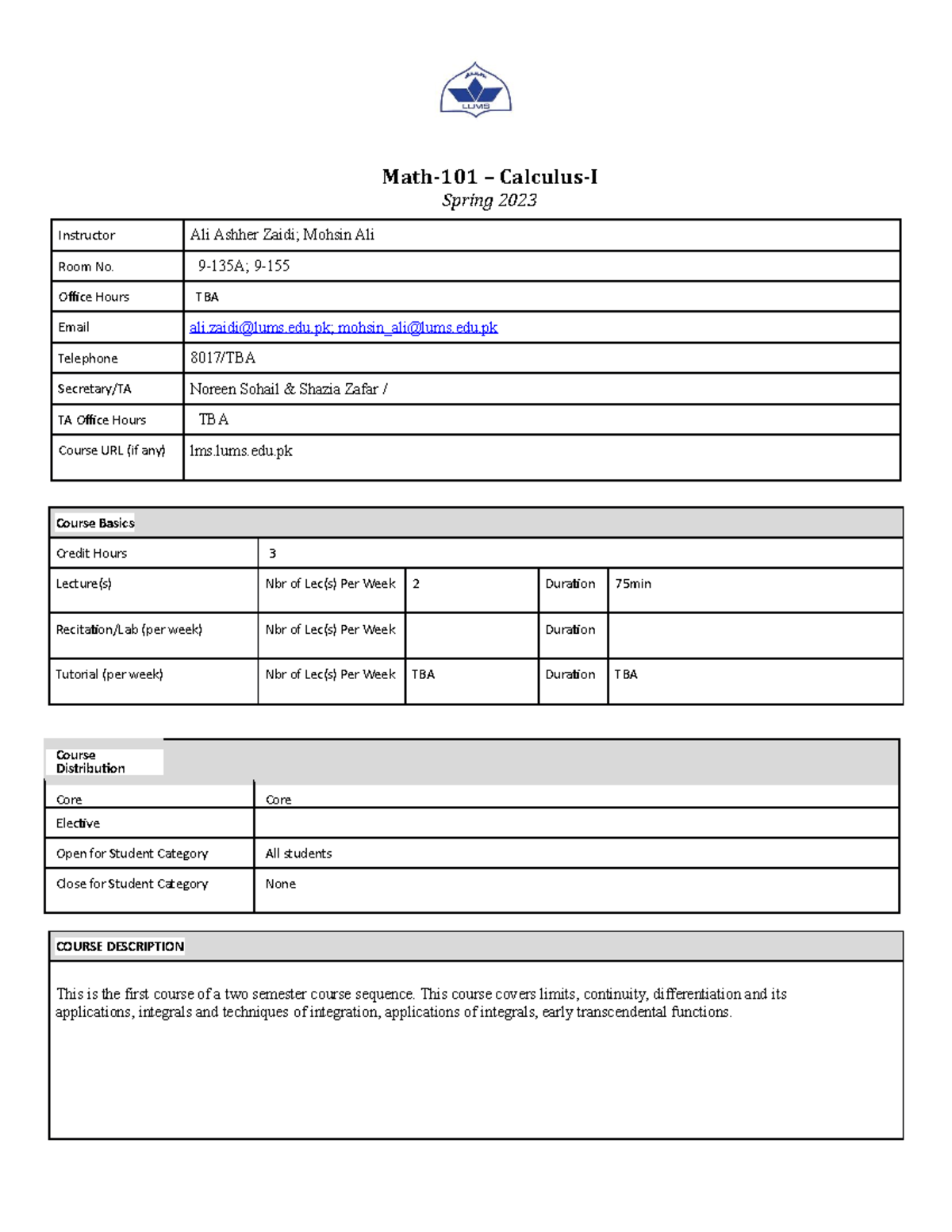 Math 101 - Calculus-I Sec I II Dr. Ali Ashher Zaidi Mohsin Ali Spring ...