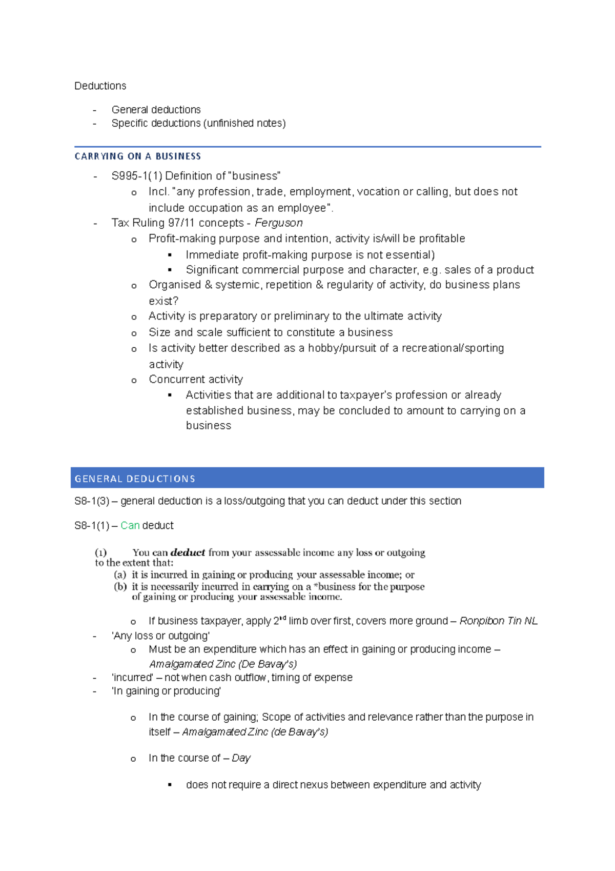 Deductions - Exam notes - Deductions General deductions Specific ...