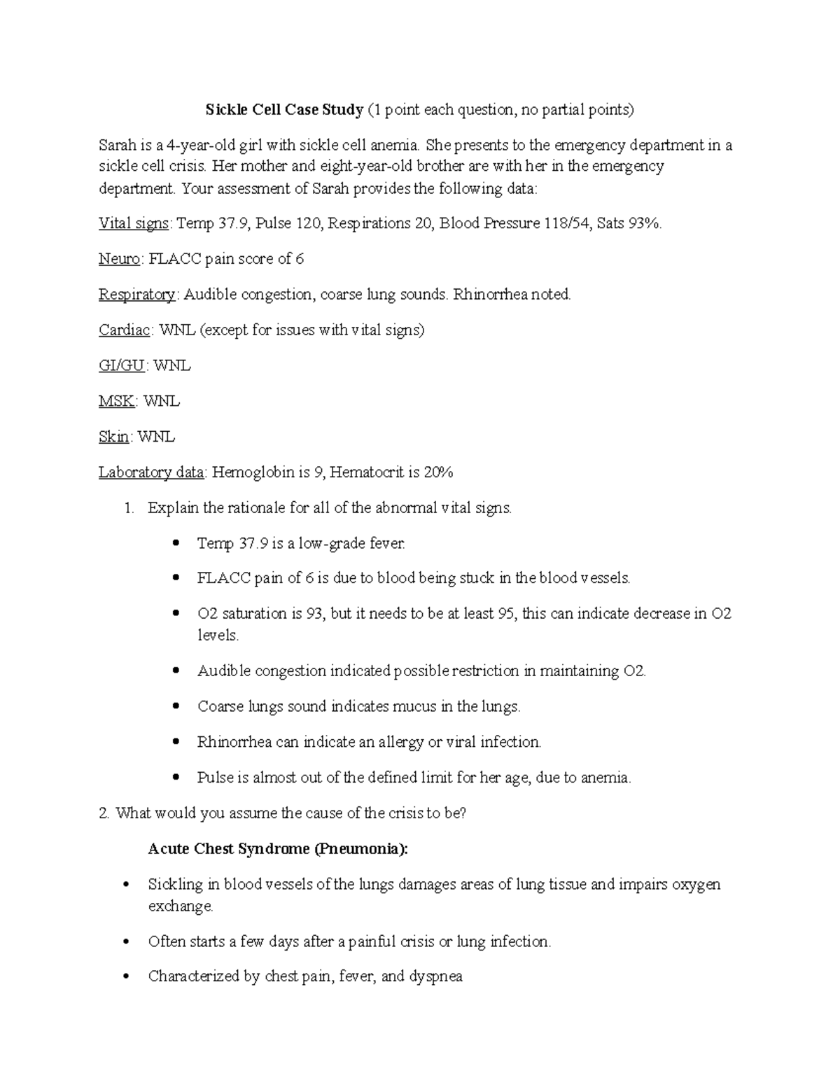 Sickle Cell Case Study - She presents to the emergency department in a ...