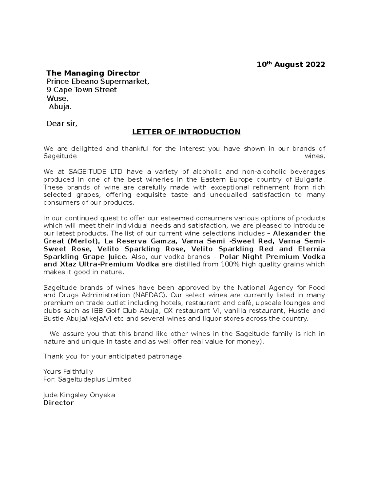Sageitude wines intro letter - 10 th August 2022 The Managing Director ...