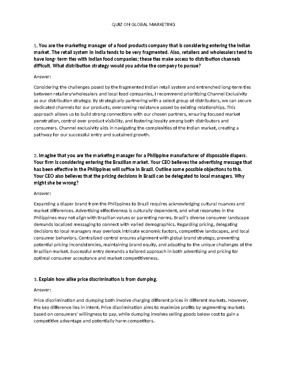 13 Quiz 1 IBT Finals - Summary Business Adminstration - QUIZ ON GLOBAL ...