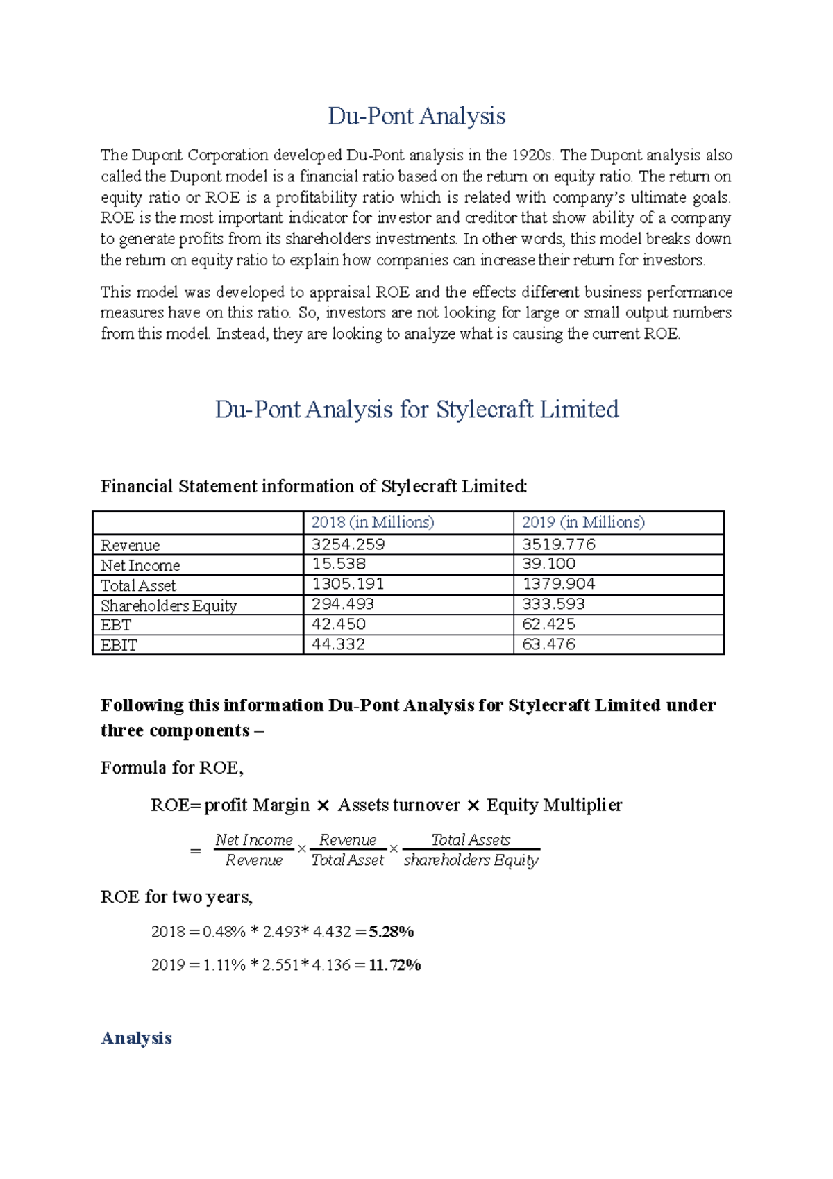 Dupont analysis - The Dupont analysis also called the Dupont model is a ...