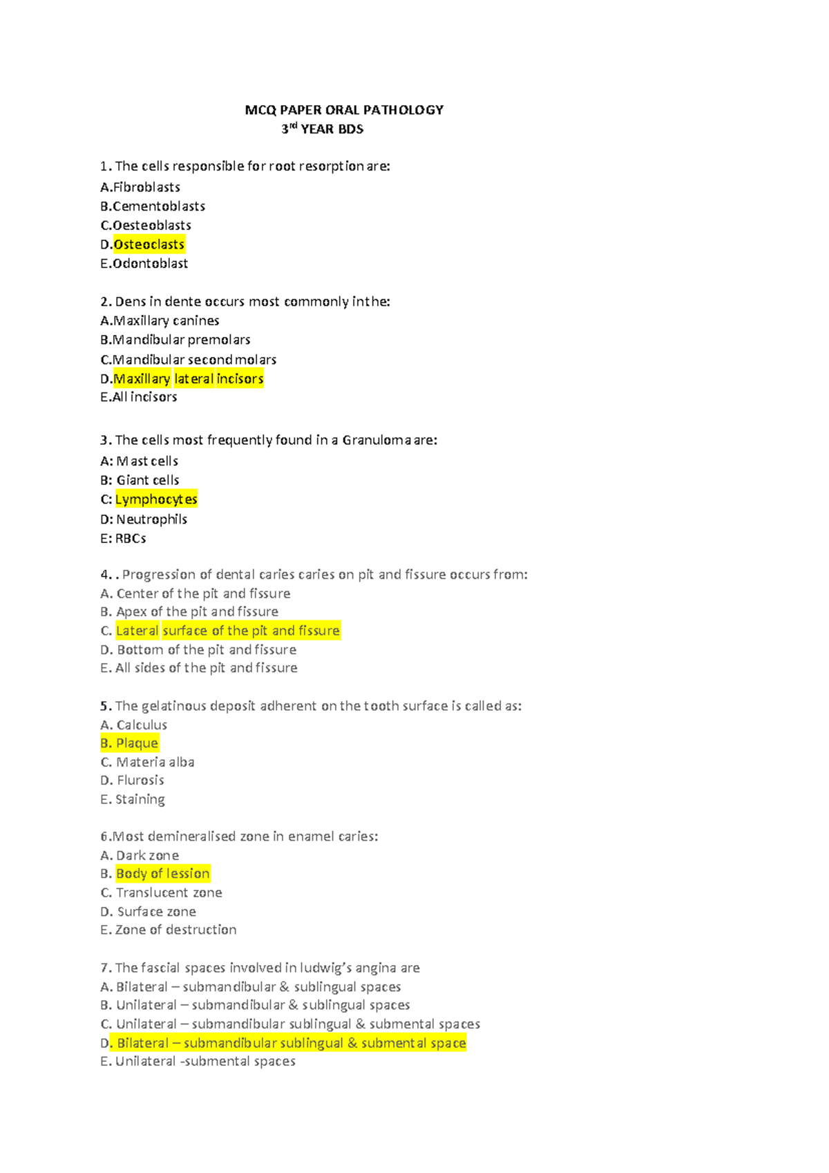 Hbs mcqspool - This file contains practice mcqs - MCQ PAPER ORAL PATHOLOGY 3 rd YEAR BDS The ...