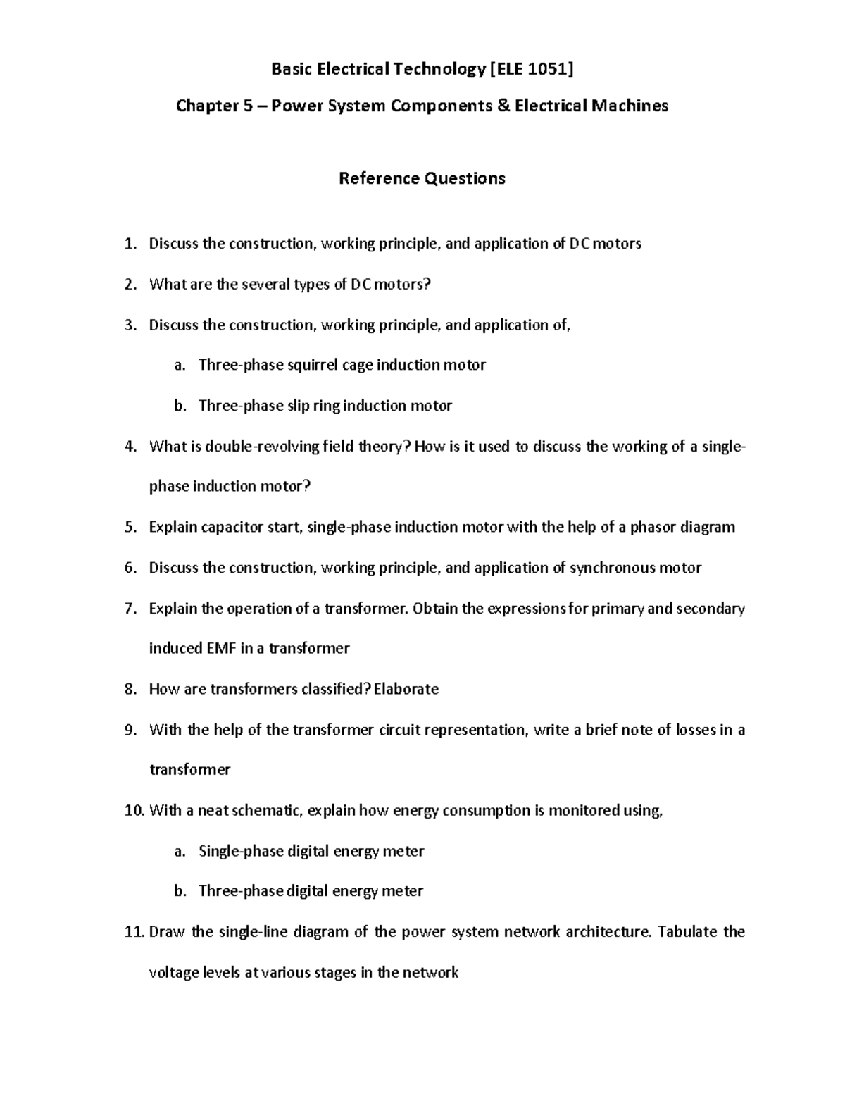 Power Systems Components And Machines Reference Questions - Basic Electrical Technology [ELE ...