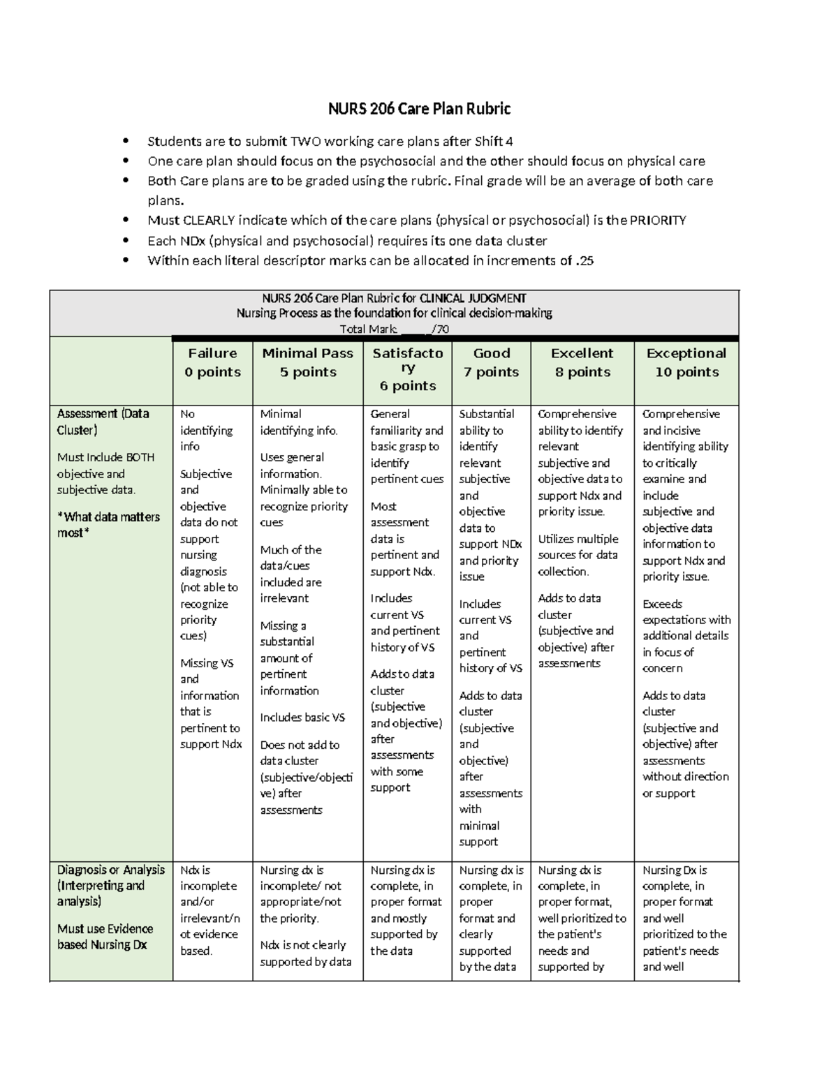 N206 BSN 2024 Care Plan Rubric - NURS 206 Care Plan Rubric Students are ...