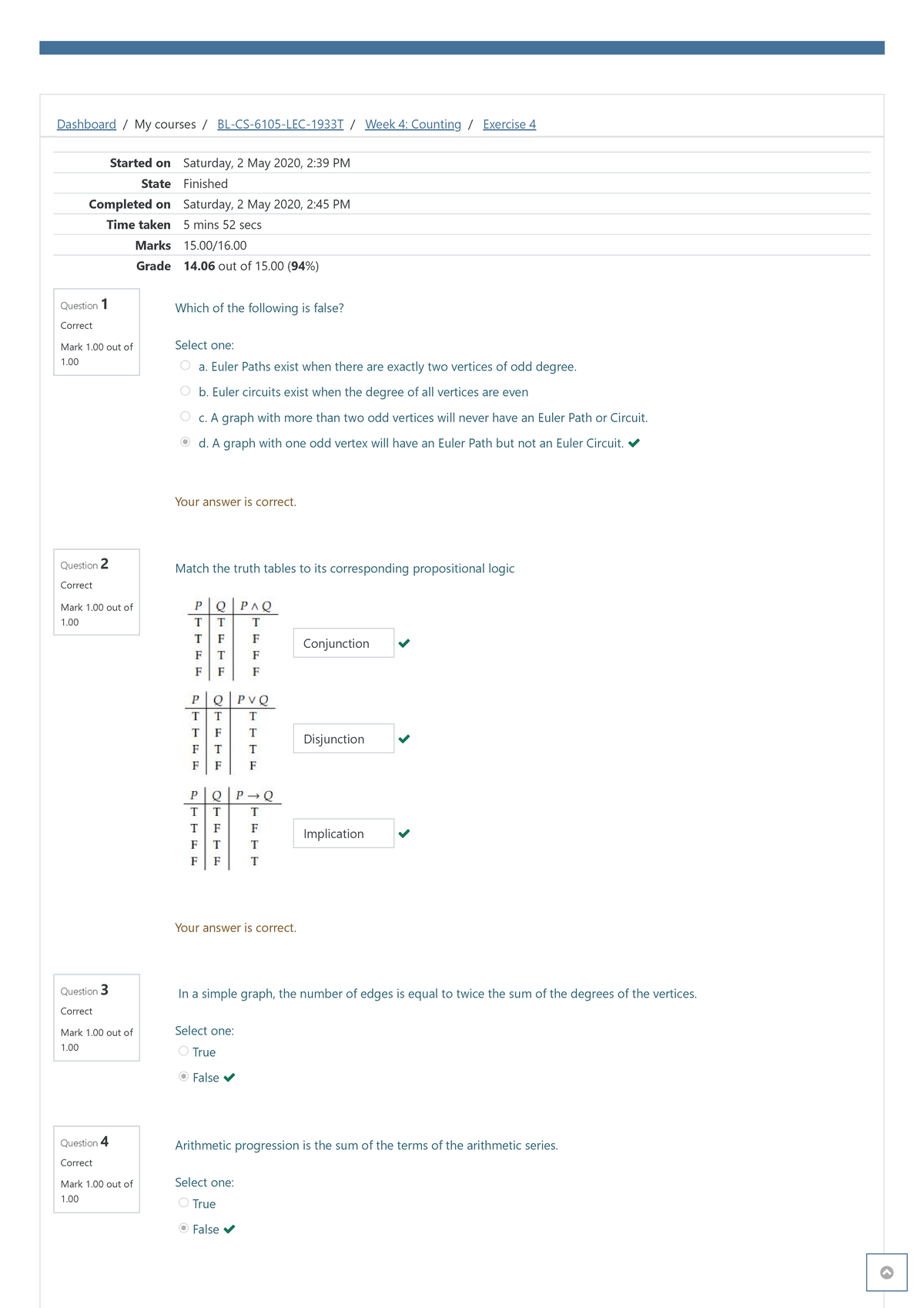 Exercise 4 Attempt review - Dashboard / My courses / BL-CS-6105-LEC-1933T / Week 4: Counting ...