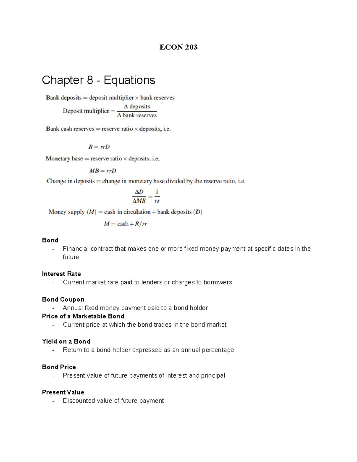 Econ 203 - Econ 203 - ECON 203 Chapter 8 - Equations Bond - Financial ...