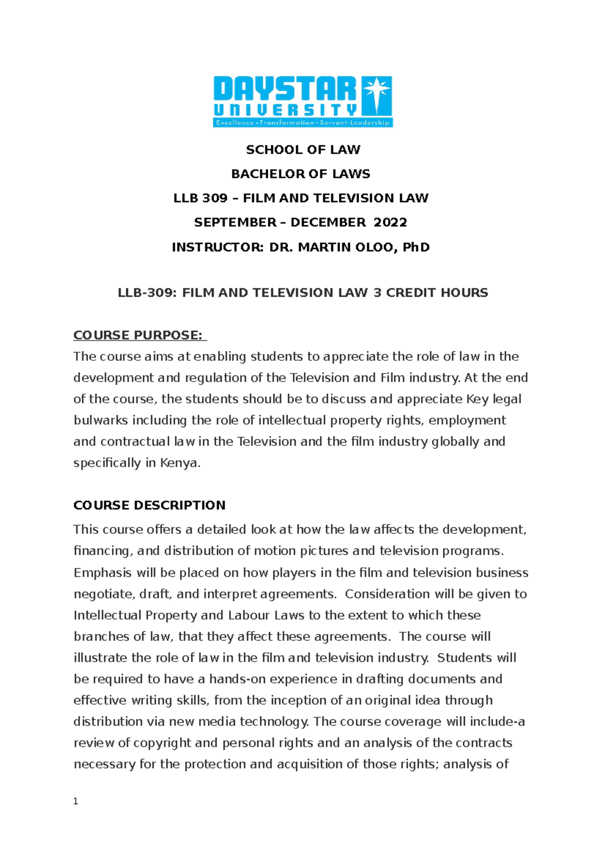 LLB 309 X - course outline - SCHOOL OF LAW BACHELOR OF LAWS LLB 309 ...
