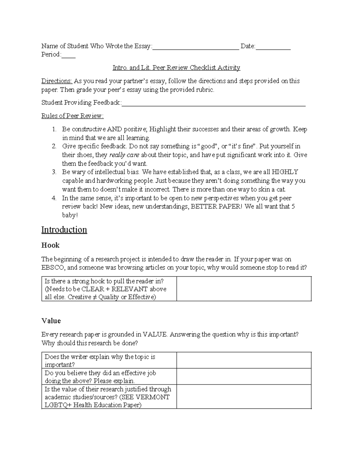 Introduction and Literature Peer Review Activity - Name of Student Who ...