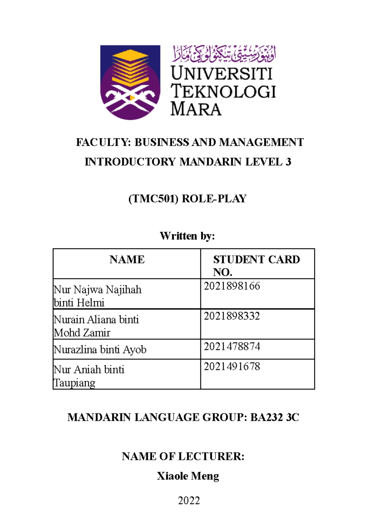 ROLE PLAY Script - this is just a sample - FACULTY: BUSINESS AND ...