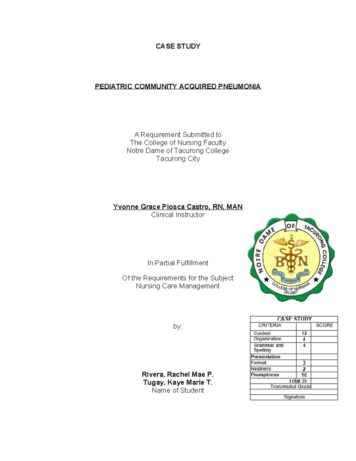 Front page - CASE STUDY PEDIATRIC COMMUNITY ACQUIRED PNEUMONIA A ...